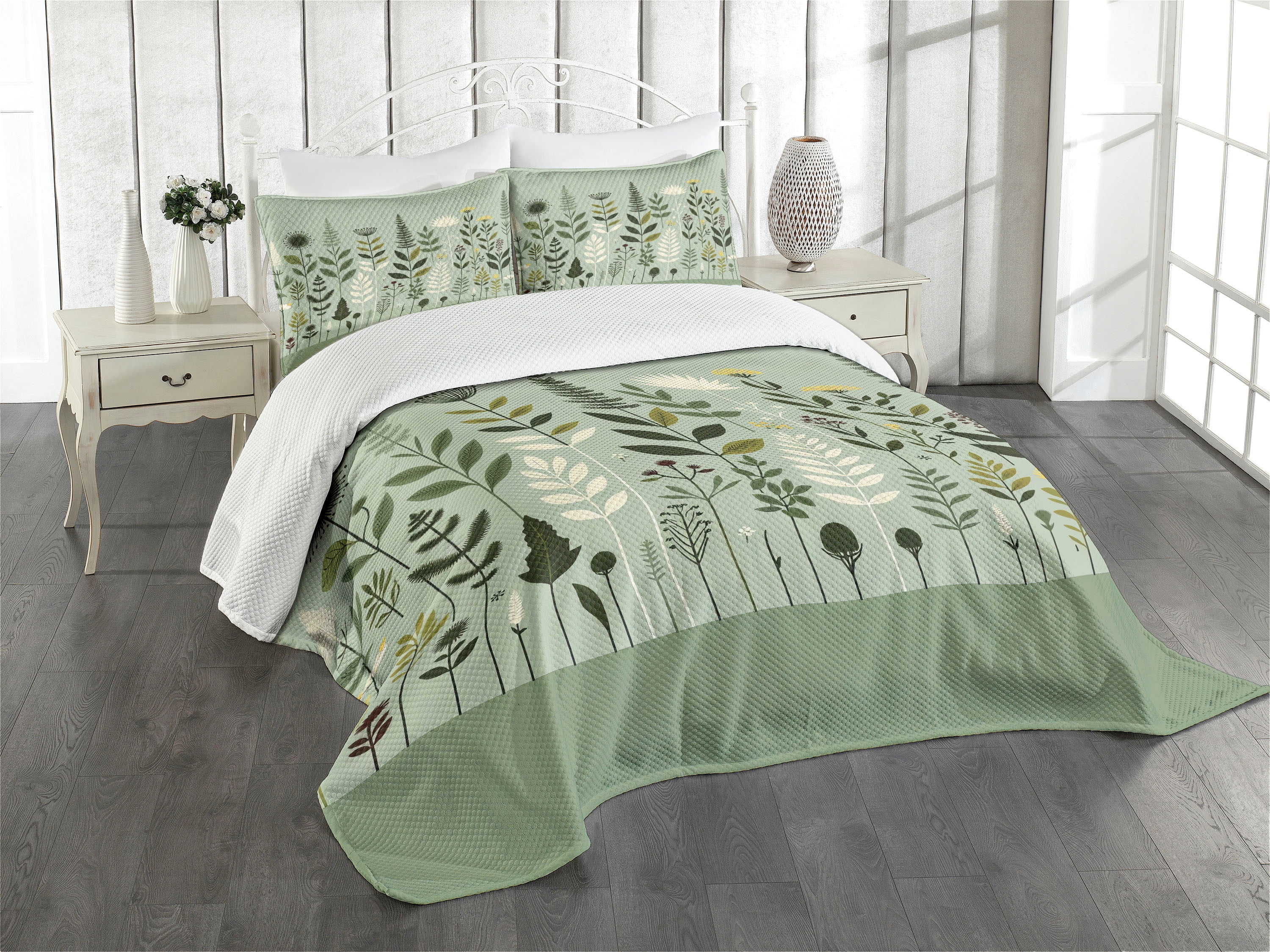 Ambesonne Monstera Quilted Bedspread Set 3 Pcs, Scandinavian Botanical ...