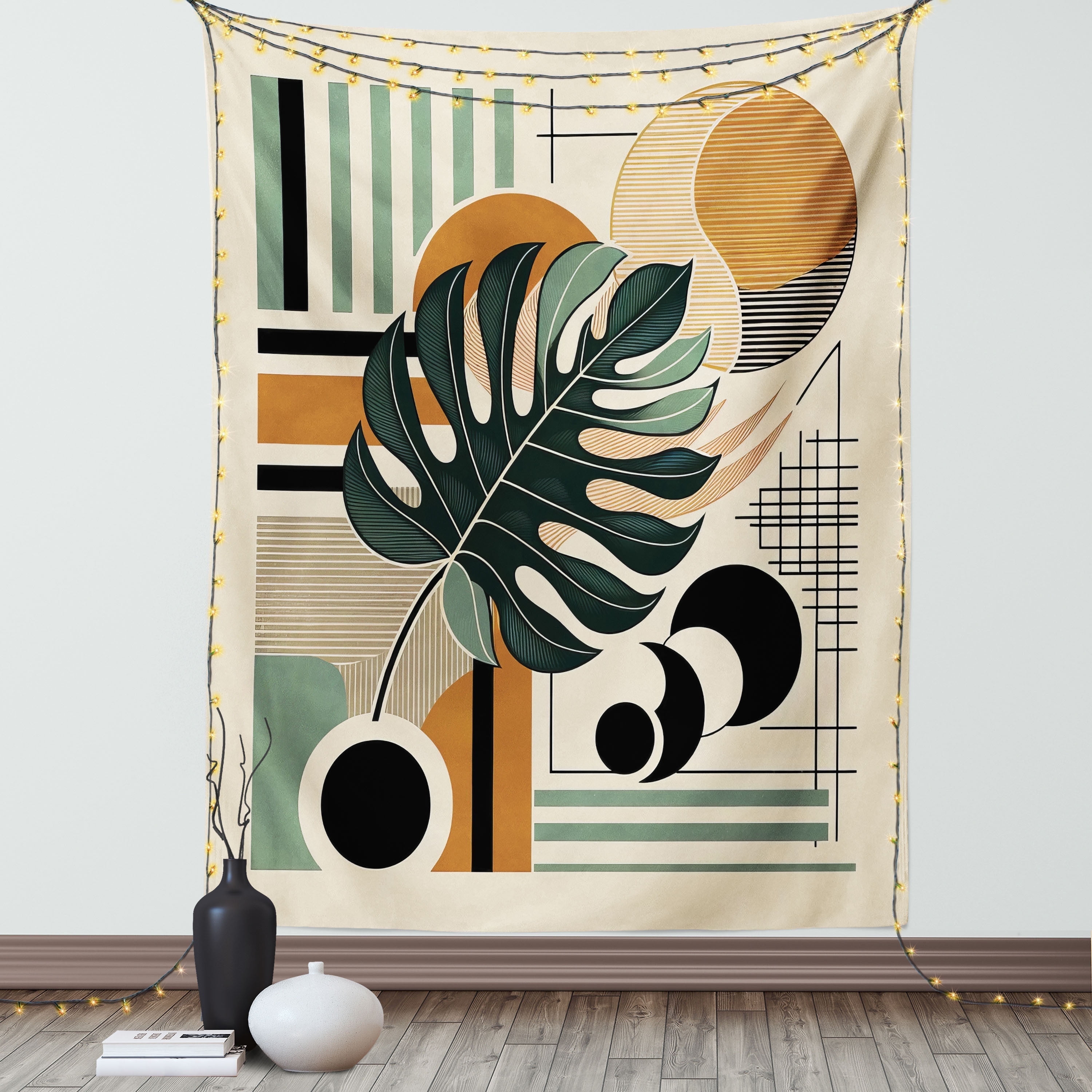 Ambesonne Monstera Tapestry Wall Hanging, Mid Century Boho Abstract, 40"x60", Evergreen Sepia ...