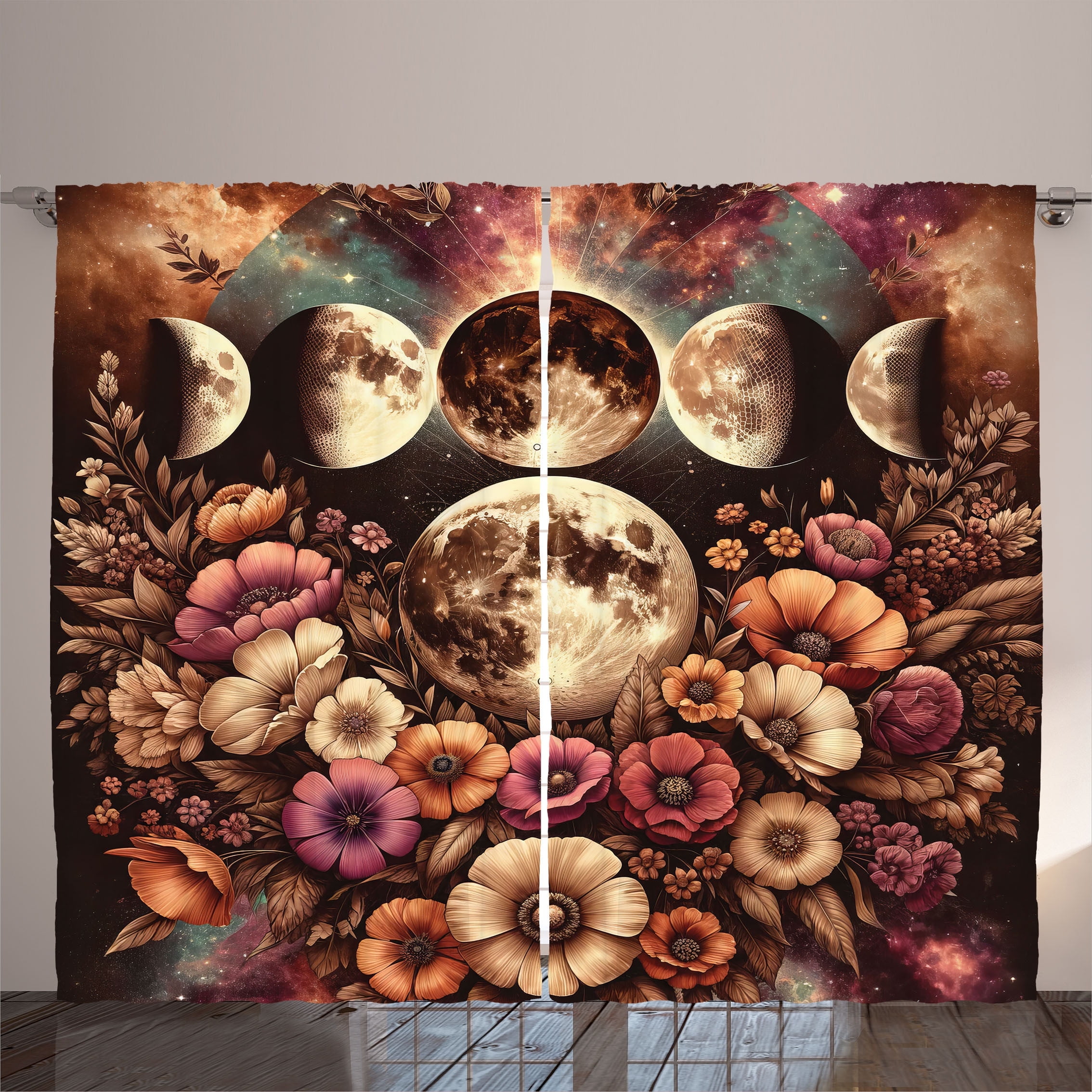 Ambesonne Moon Curtains 2 Panel Set, Dreamy Space Floral Luna Phase ...