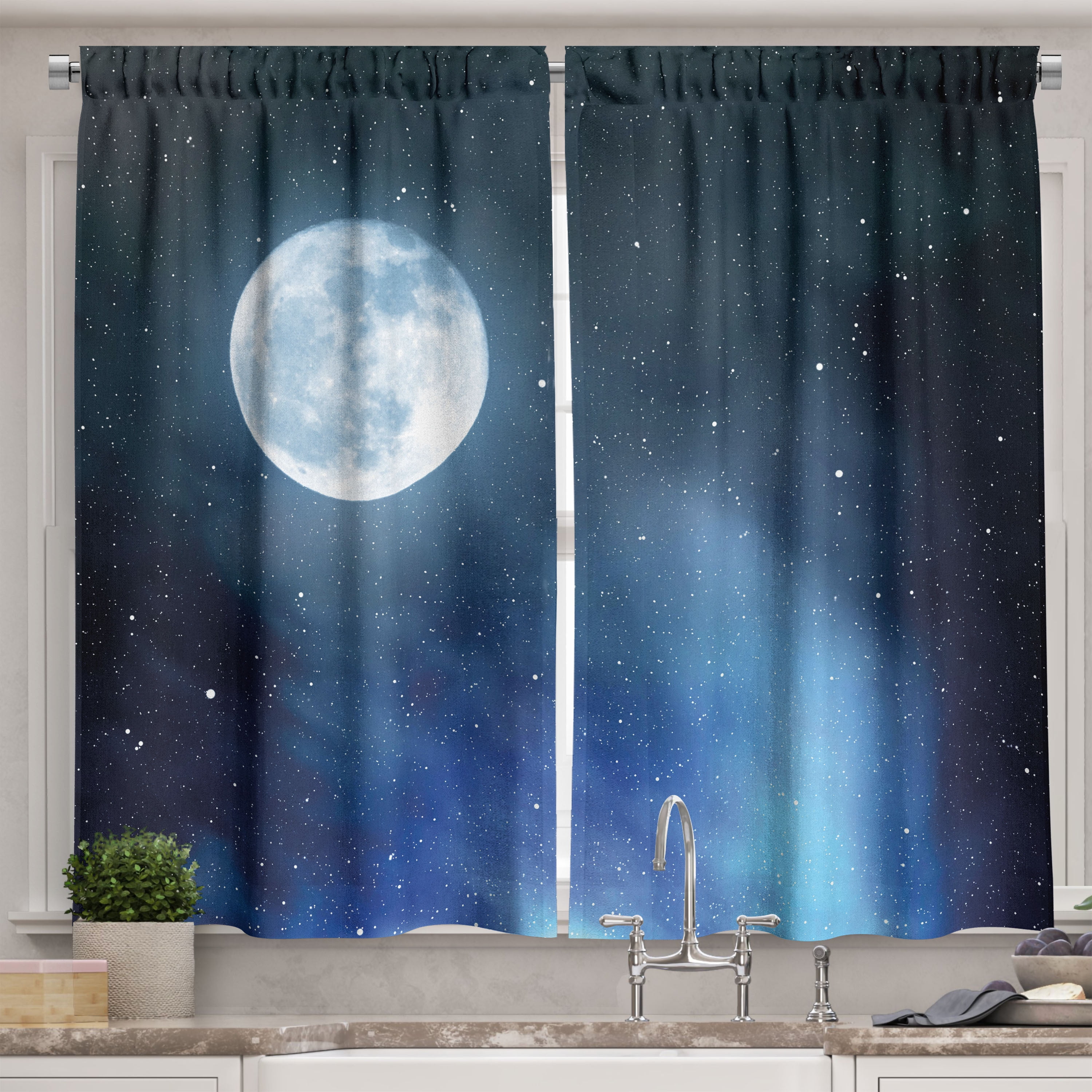 Ambesonne Moon Kitchen Curtains, Starry Night Sky Full Moon, 55"x45 ...