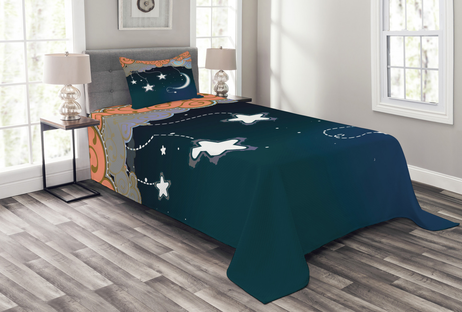 Ambesonne Moon Quilted Bedspread Set 2 Pcs, Clouds Stars and Moon, Twin ...