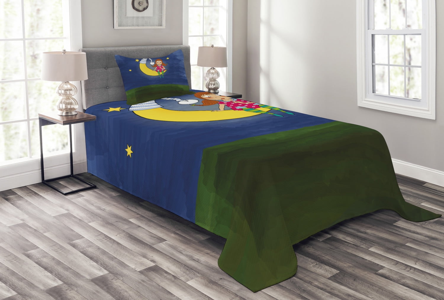 Ambesonne Moon Quilted Bedspread Set 2 Pcs, Girl on Moon Words Art ...