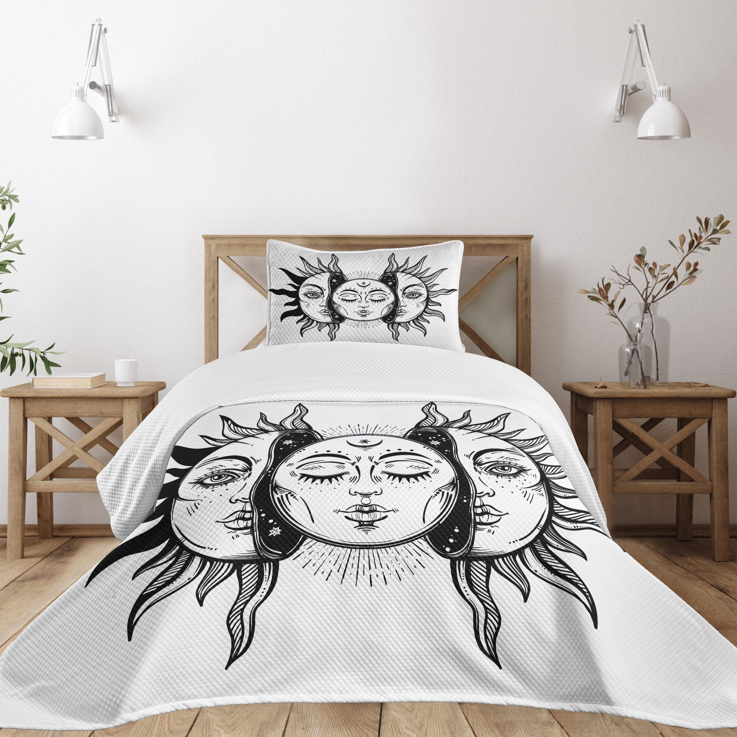 Ambesonne Moon Quilted Bedspread Set 2 Pcs, Monochrome Sun and Moon ...