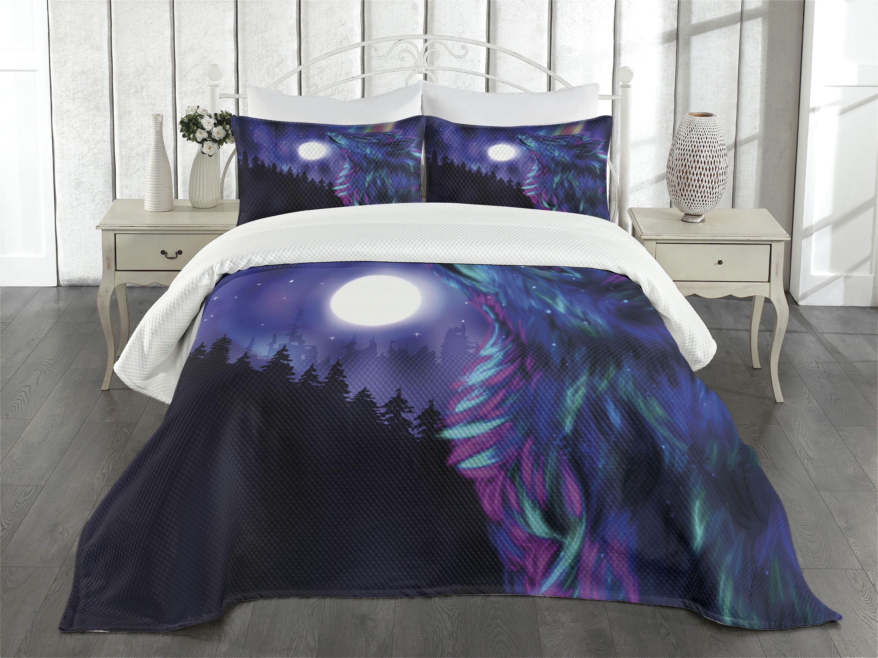 Ambesonne Moon Quilted Bedspread Set 3 Pcs, Aurora Borealis and Wolf ...