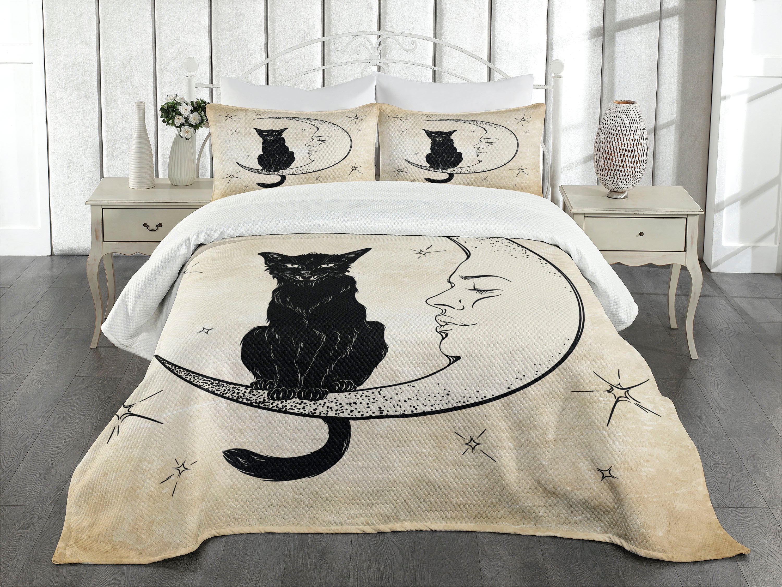 Ambesonne Moon Quilted Bedspread Set 3 Pcs, Black Cat Siting on Moon ...