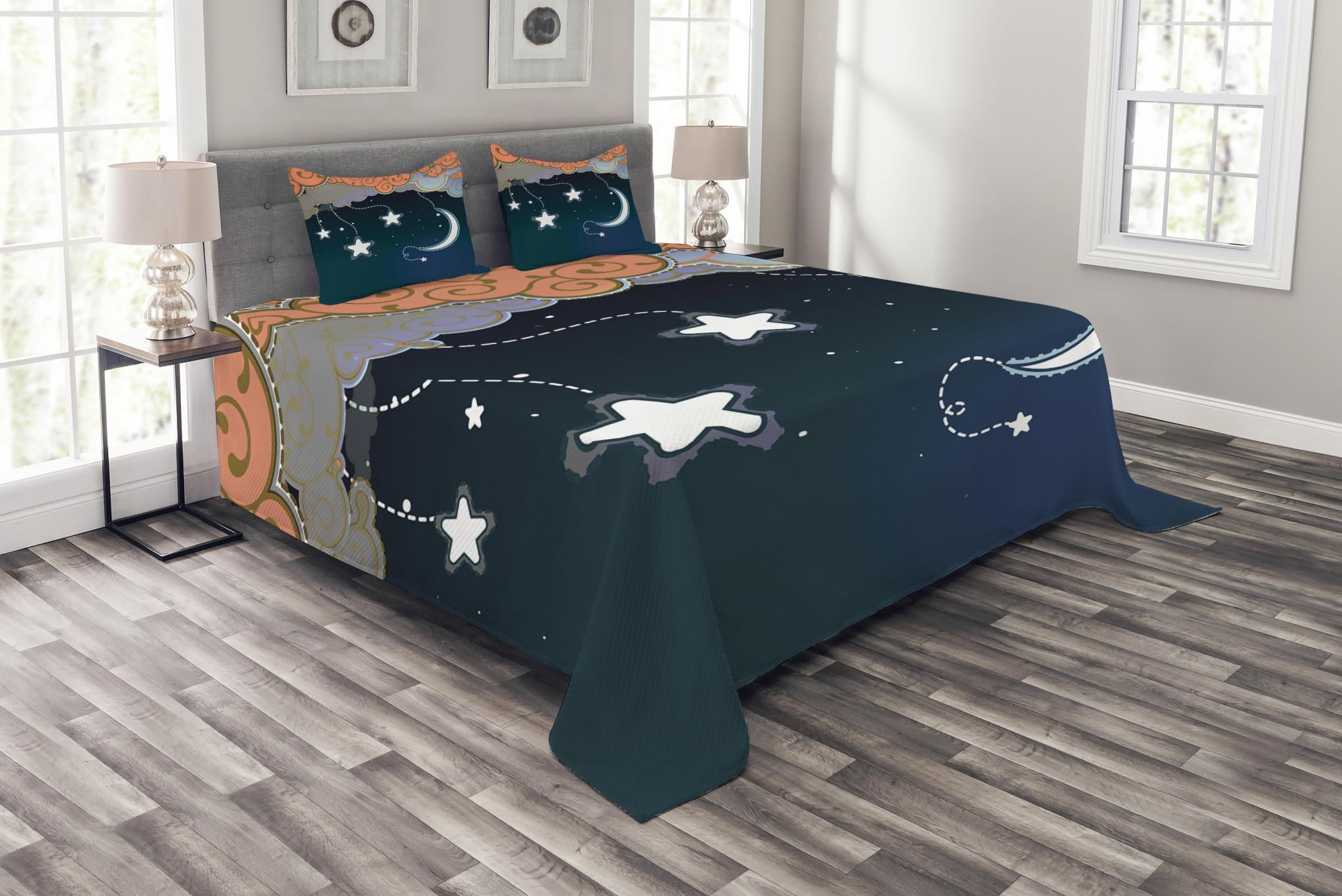 Ambesonne Moon Quilted Bedspread Set 3 Pcs, Clouds Stars and Moon ...