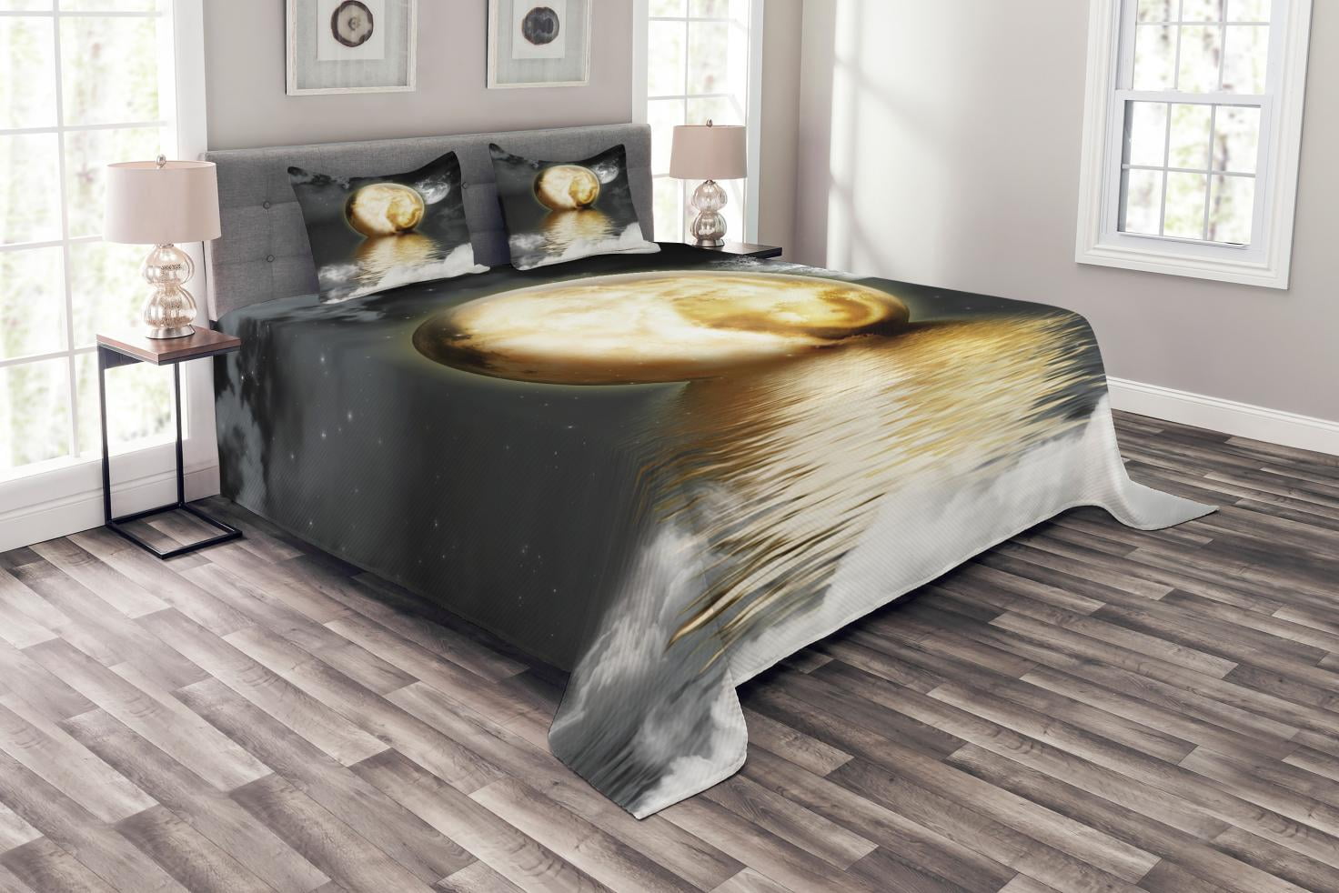 Ambesonne Moon Quilted Bedspread Set 3 Pcs, Clouds and Greyscale World ...