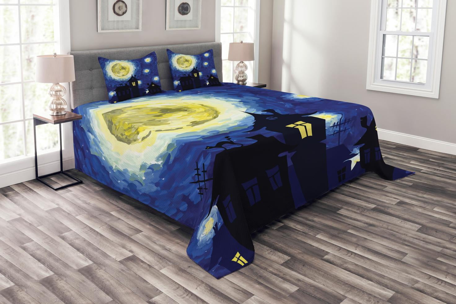 Ambesonne Moon Quilted Bedspread Set 3 Pcs, Country Houses Full Moon ...
