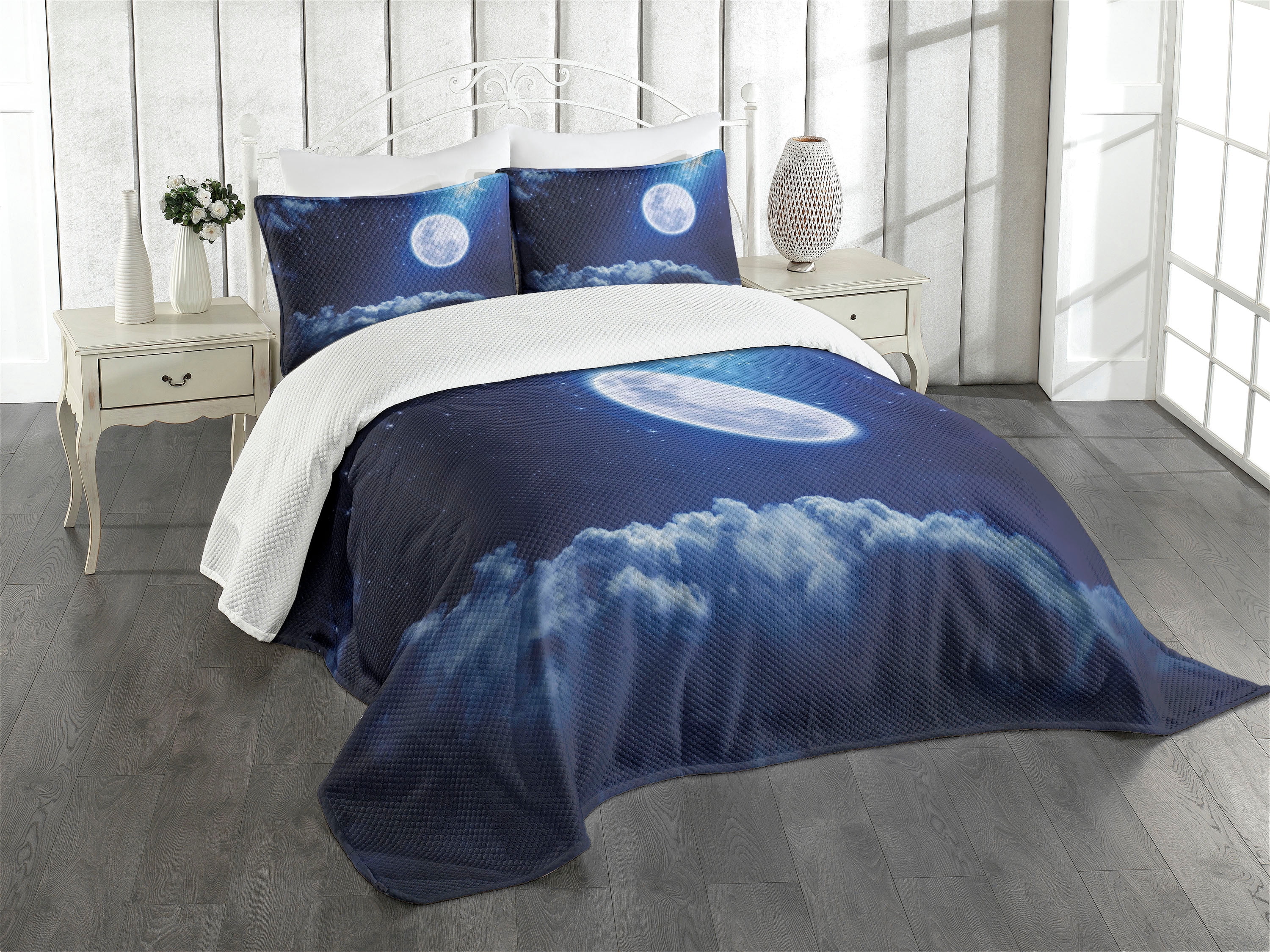Ambesonne Moon Quilted Bedspread Set 3 Pcs, Full Moon Falling Stars ...