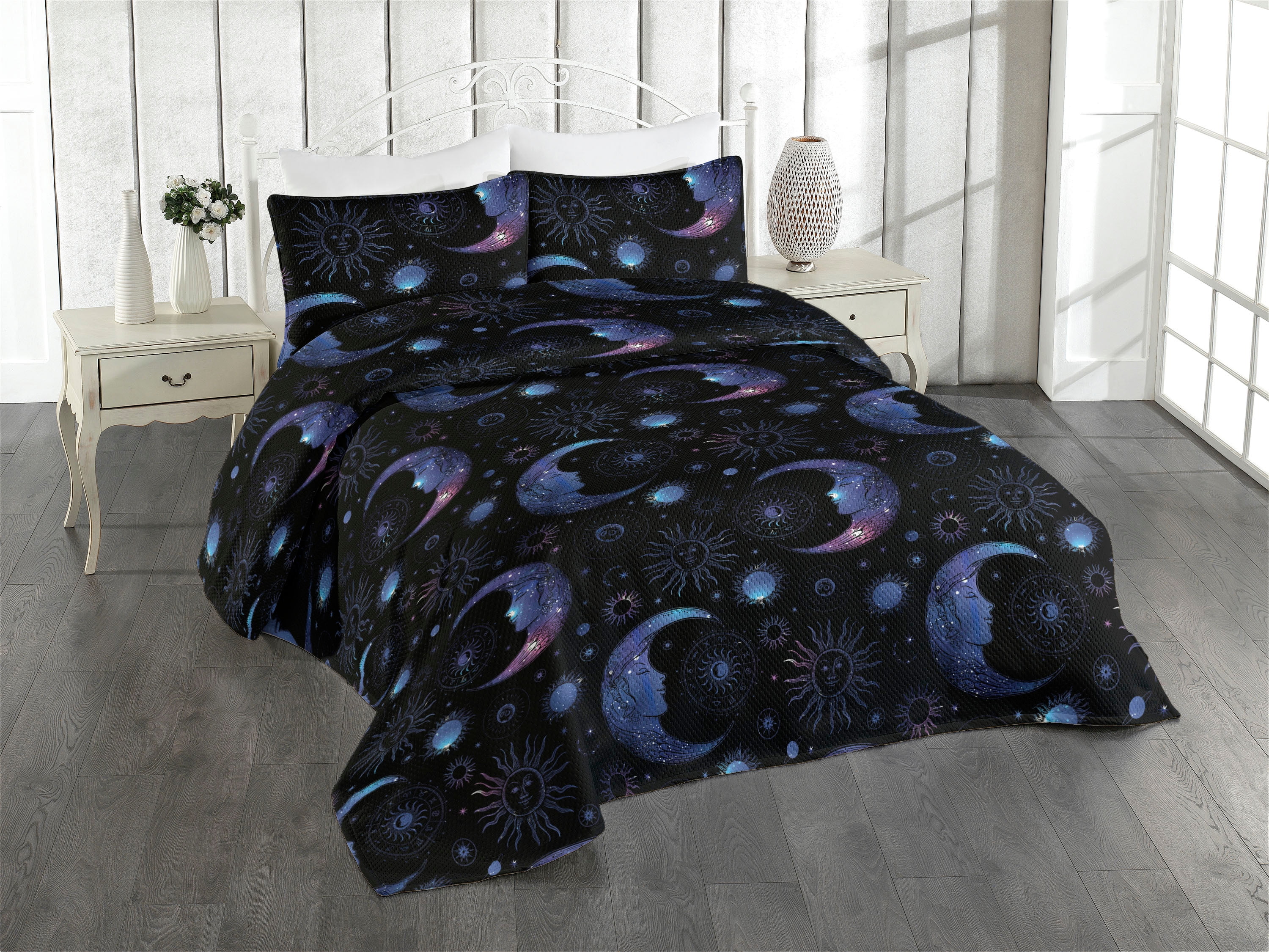 Ambesonne Moon Quilted Bedspread Set 3 Pcs, Galaxy Sun and Crescent ...