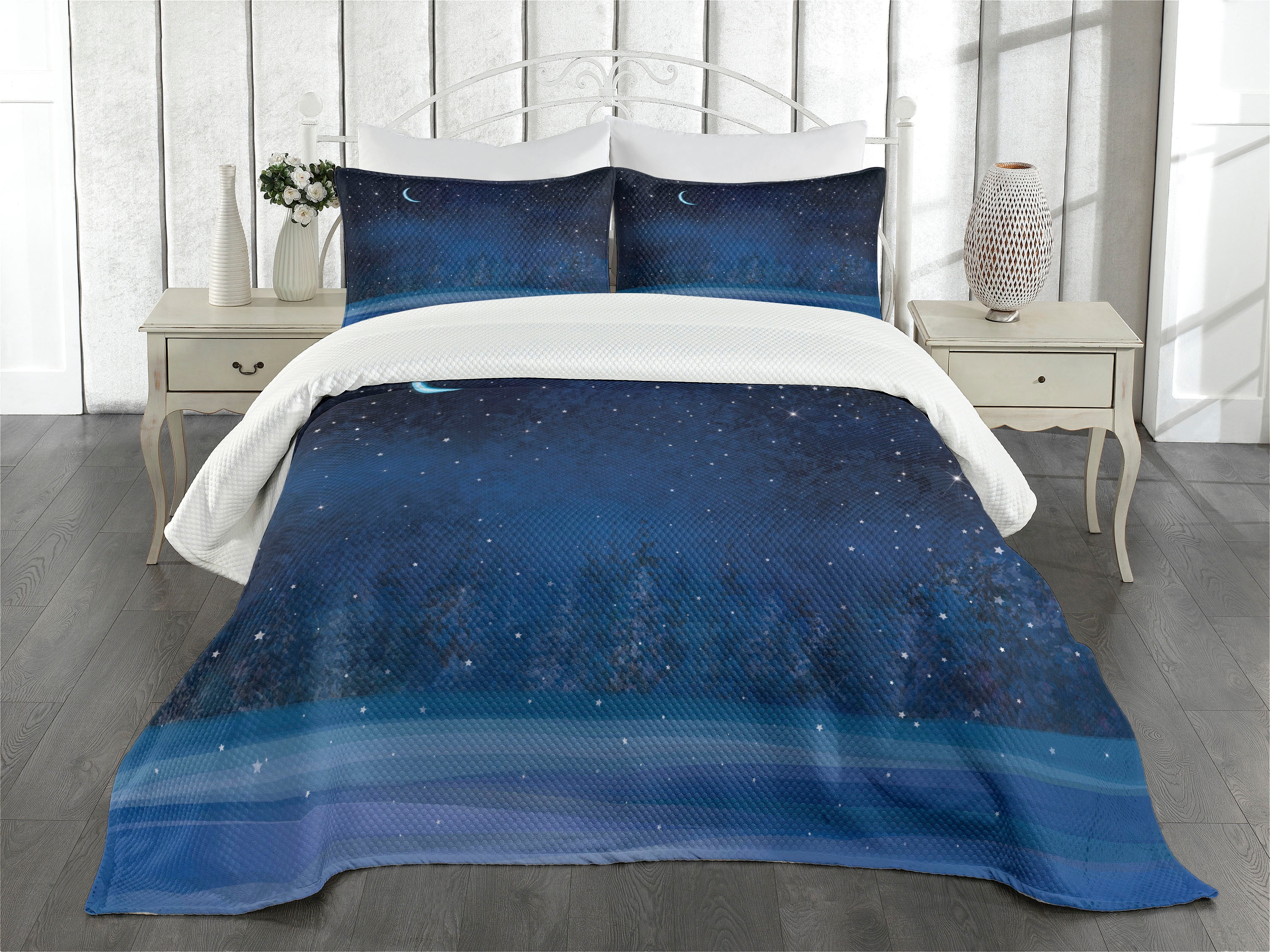 Ambesonne Moon Quilted Bedspread Set 3 Pcs, Winter Season Nighttime ...
