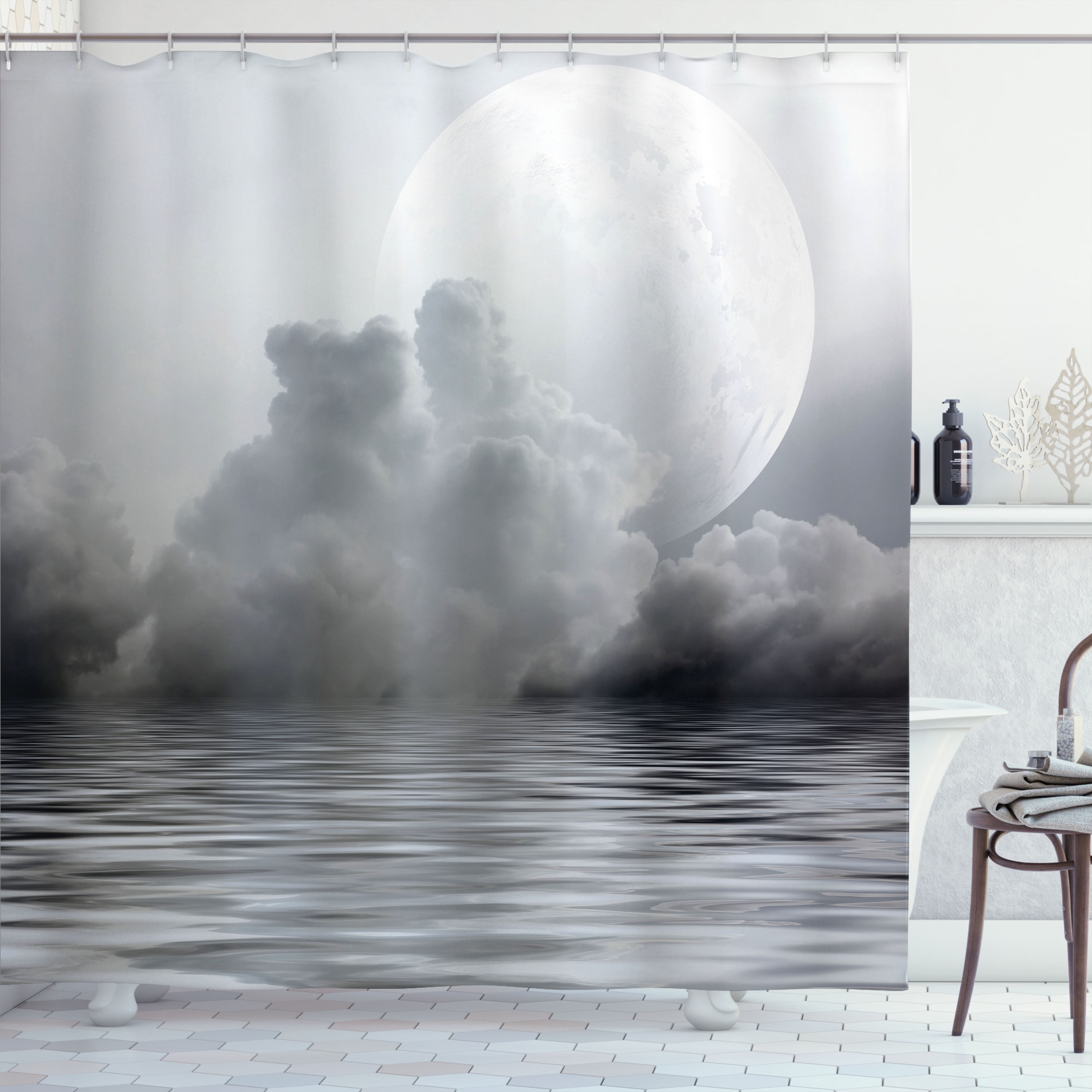 Ambesonne Moon Shower Curtain, Misty Air and Ocean Art, 69"Wx70"L ...