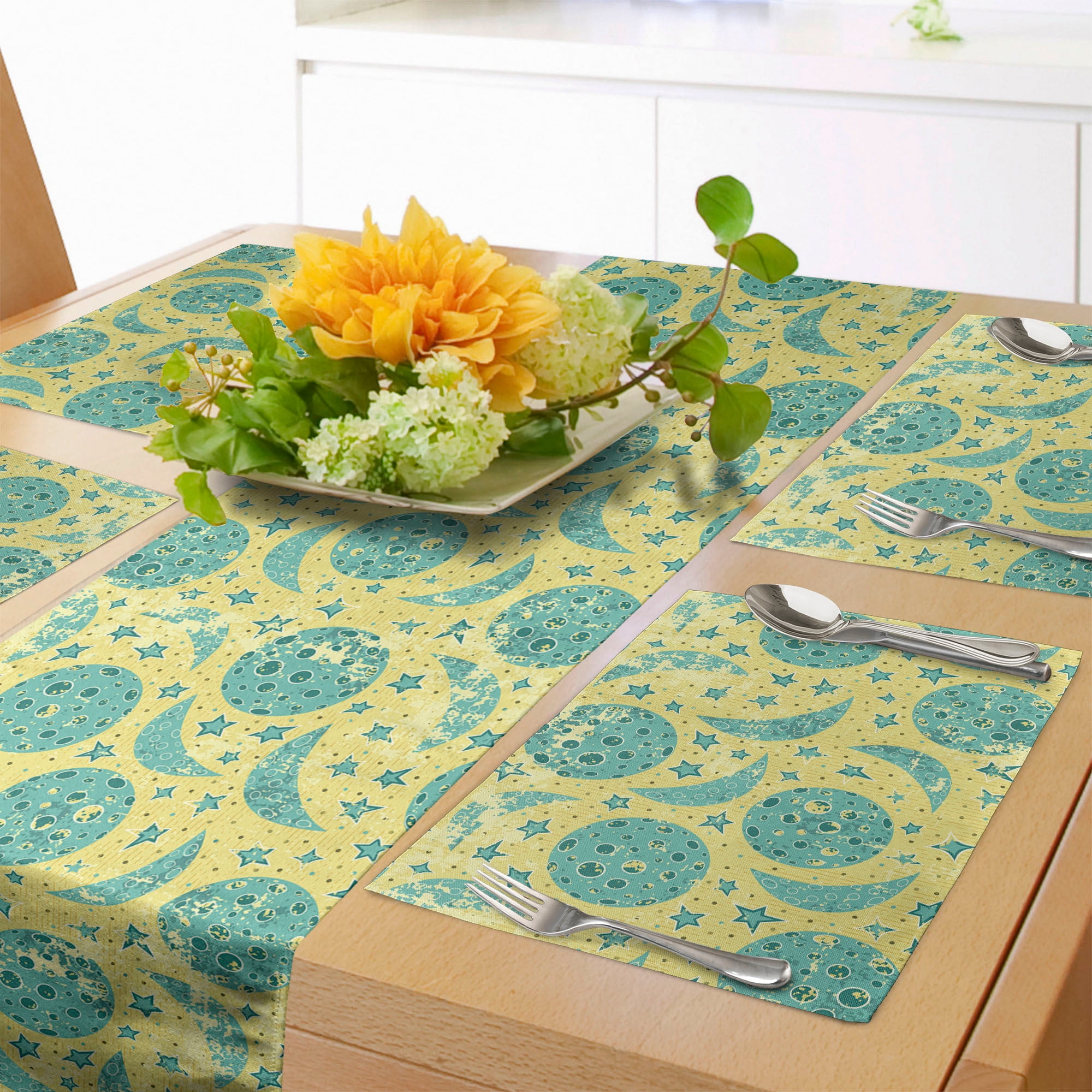 Ambesonne Moon Table Runner & Placemats, Grunge Style Moon Phases ...