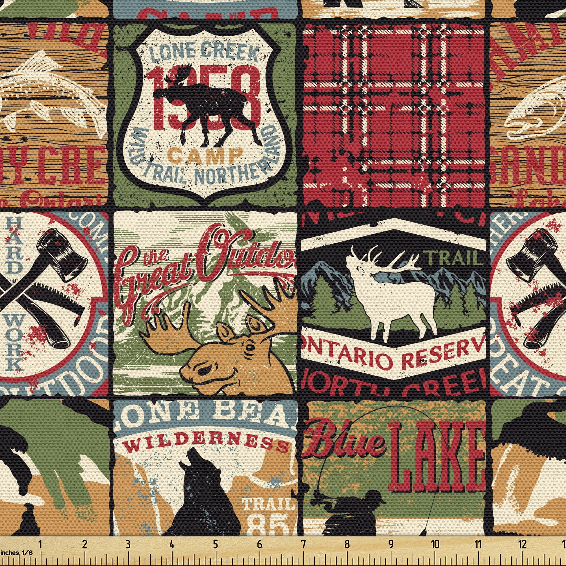 Ambesonne Moose Fabric by the Yard Upholstery, Outdoor Theme Patchwork ...