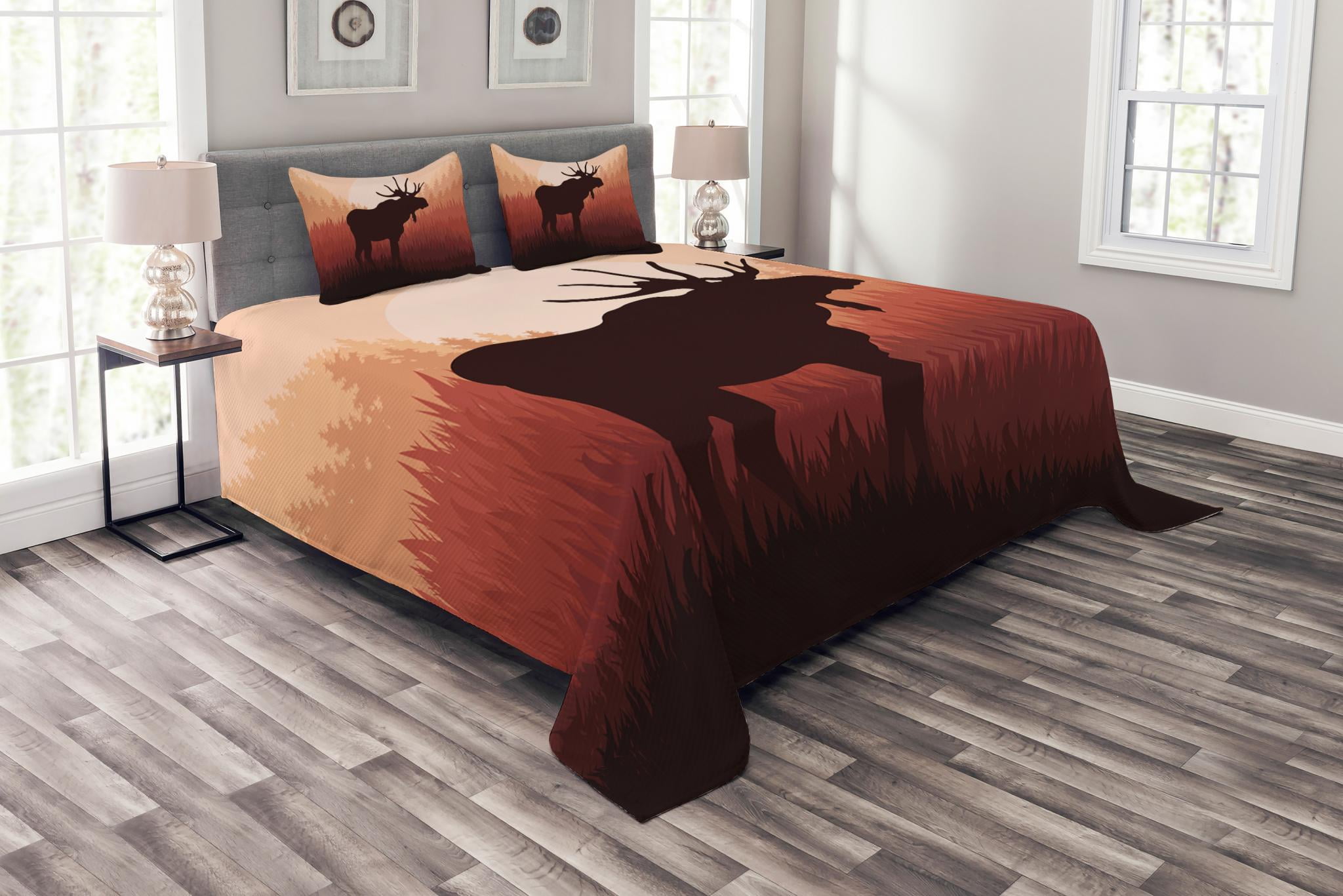 Ambesonne Moose Quilted Bedspread Set 3 Pcs, Forest Antlers Wild Deer ...