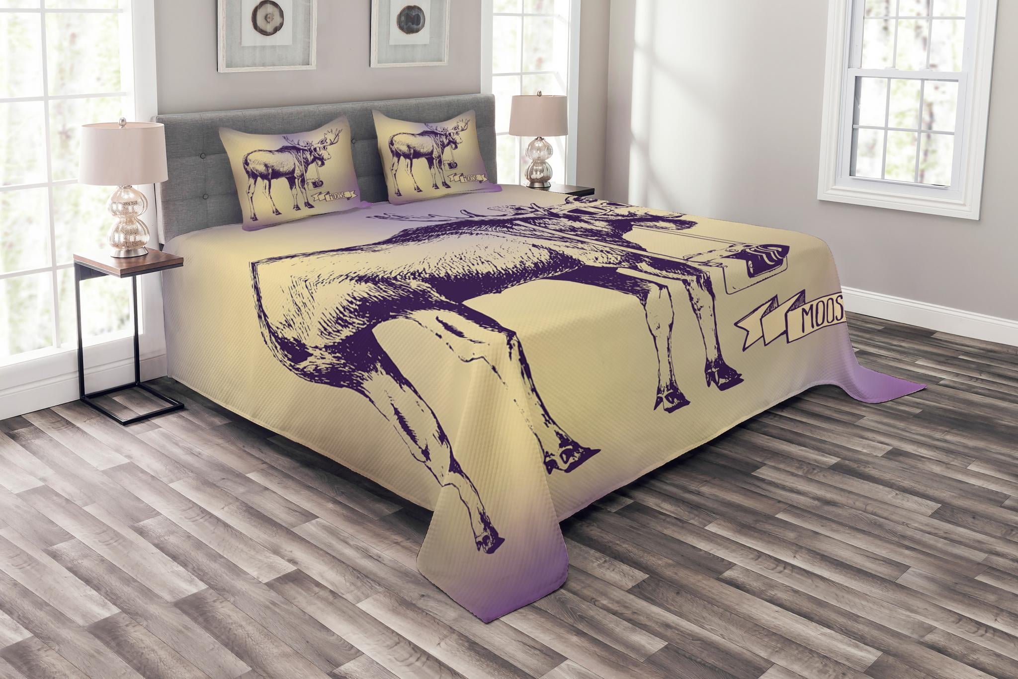 Ambesonne Moose Quilted Bedspread Set 3 Pcs, Hipster Deer with Camera ...