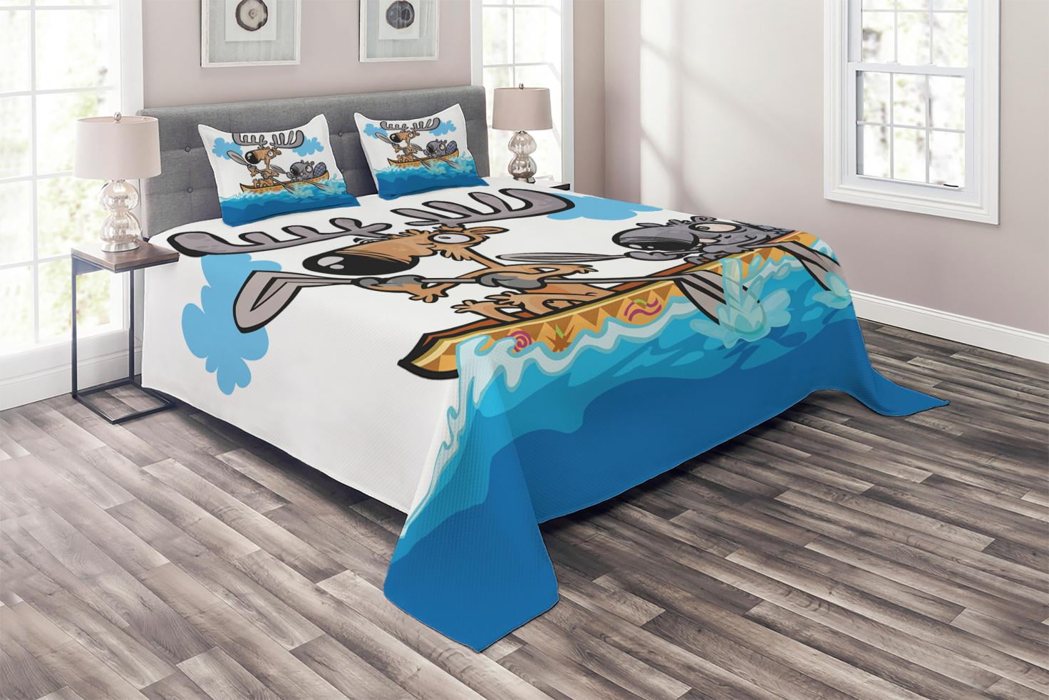 Ambesonne Moose Quilted Coverlet 3 Pcs, Native Animals Cartoon, Queen ...