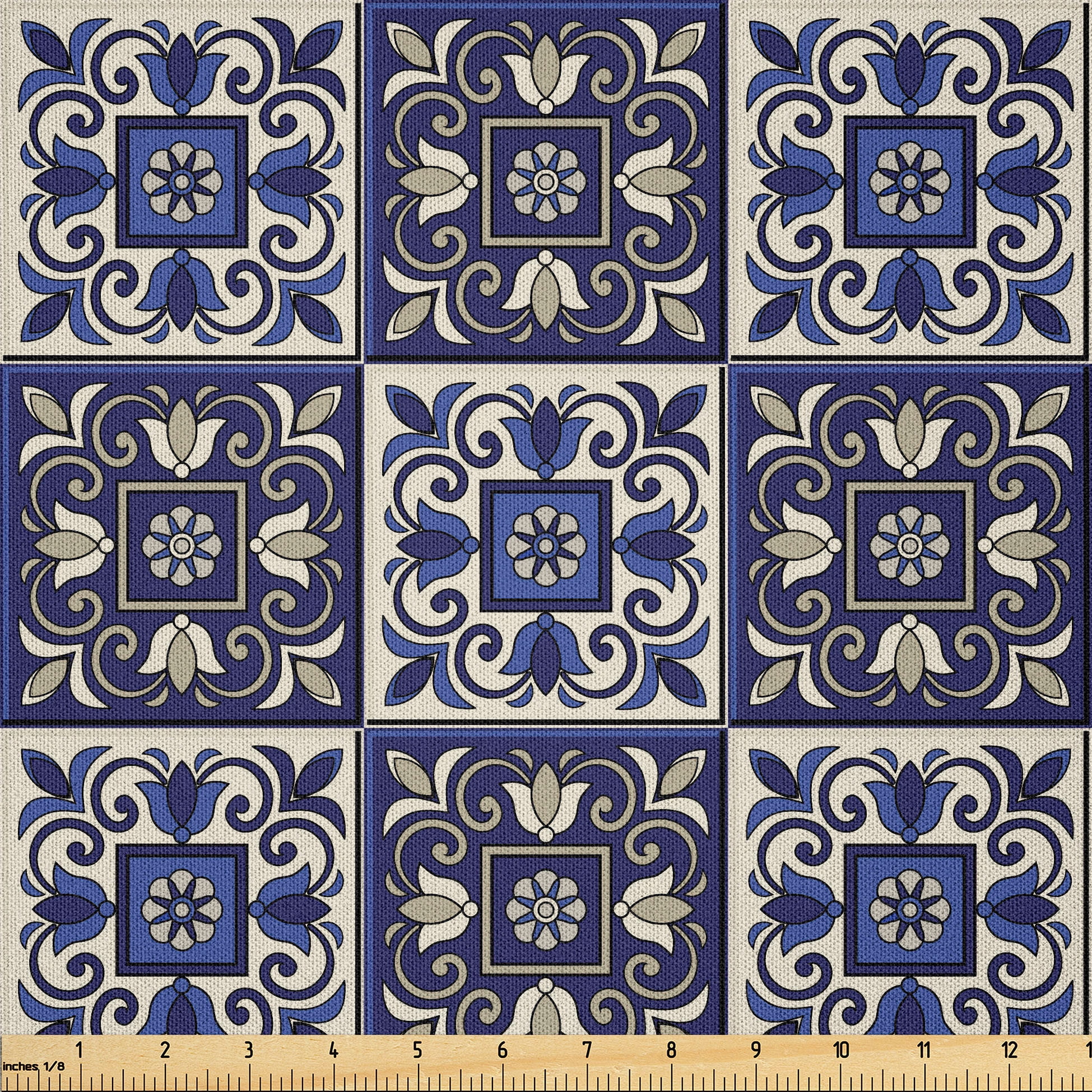 Ambesonne Moroccan Fabric by the Yard Microfiber, Squares Azulejo Tiles ...