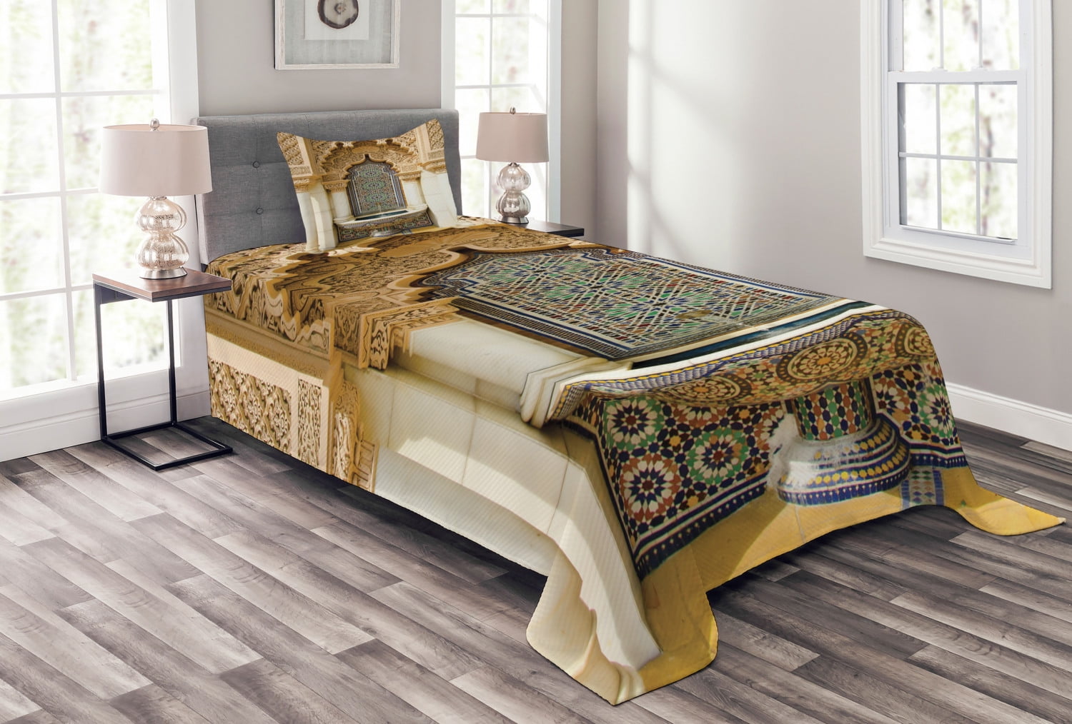 Ambesonne Moroccan Quilted Bedspread Set 2 Pcs, Vintage Eastern Art ...