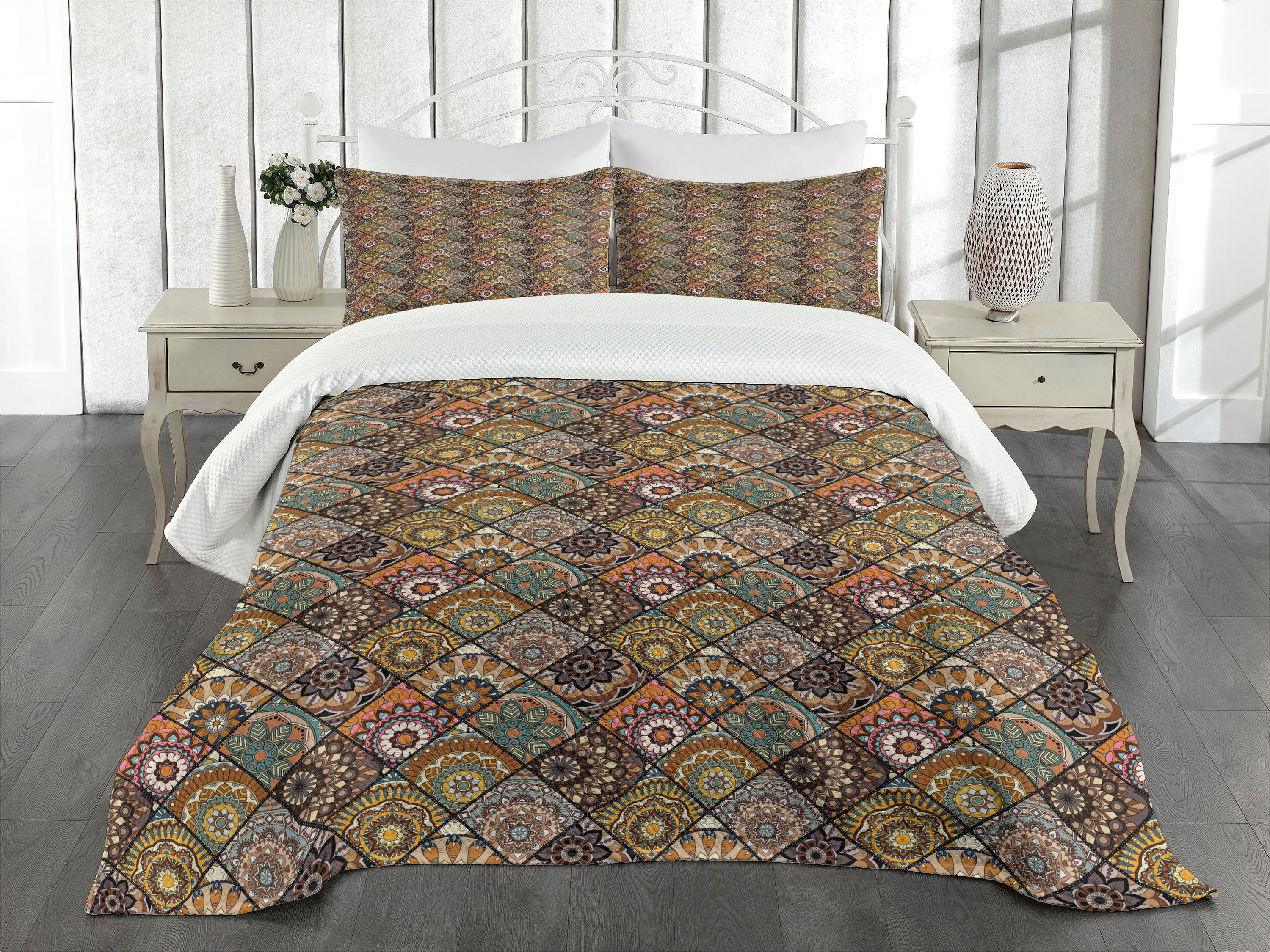 Ambesonne Moroccan Quilted Bedspread Set 3 Pcs, Retro Checkered, Queen ...