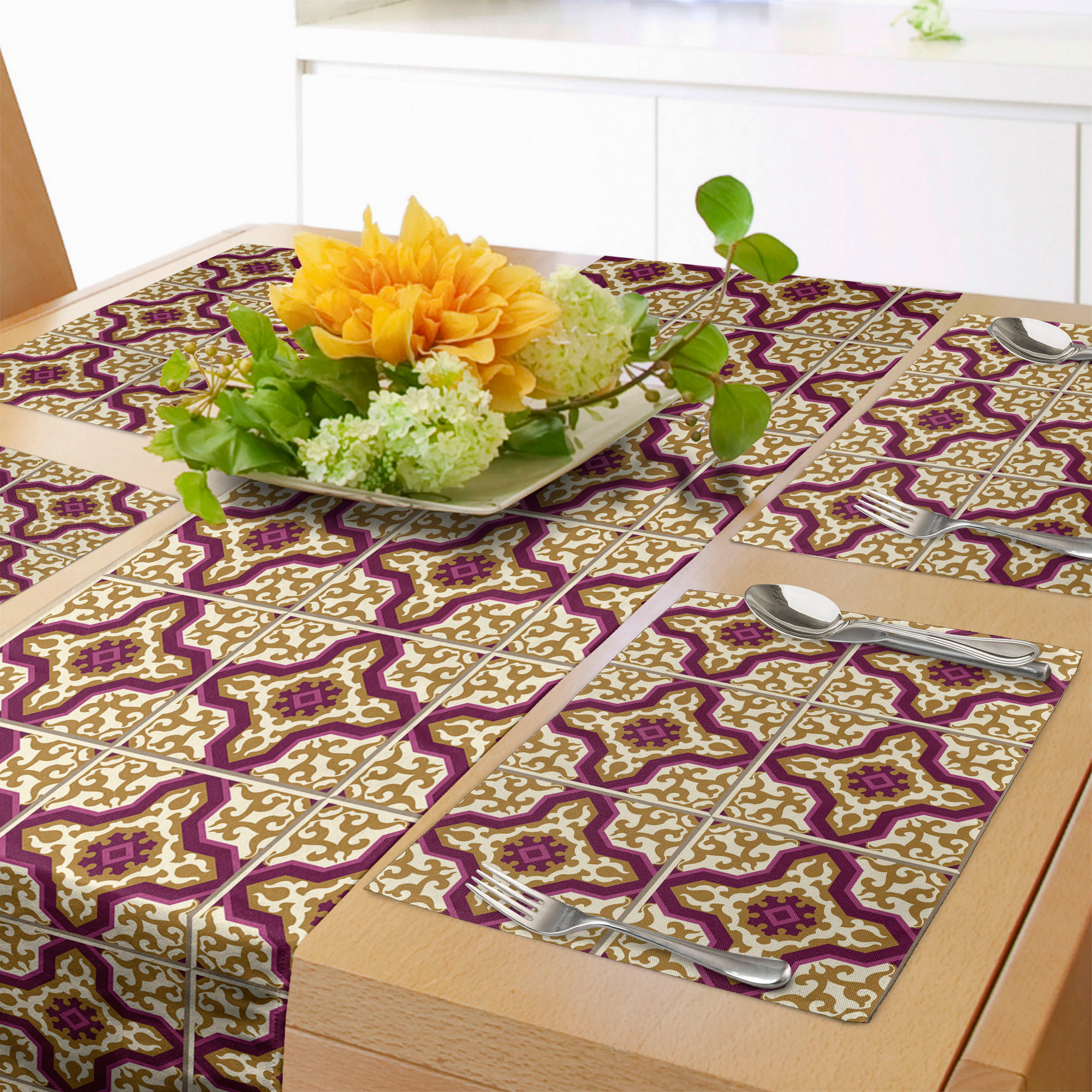 Ambesonne Moroccan Table Runner & Placemats, Traditional Mosaic Tiles ...