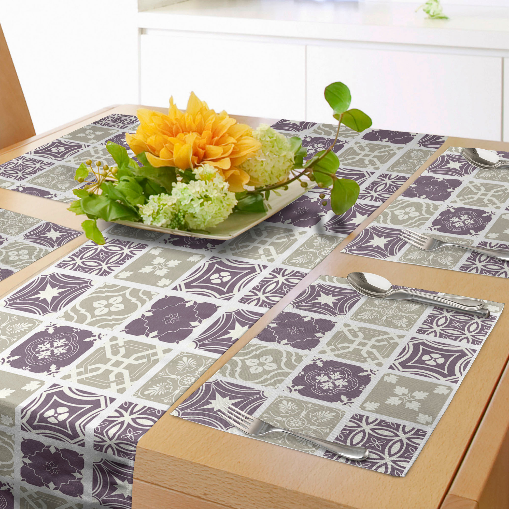 Ambesonne Mosaic Table Runner & Placemats, Ethnic Vintage Ceramic Tiles ...