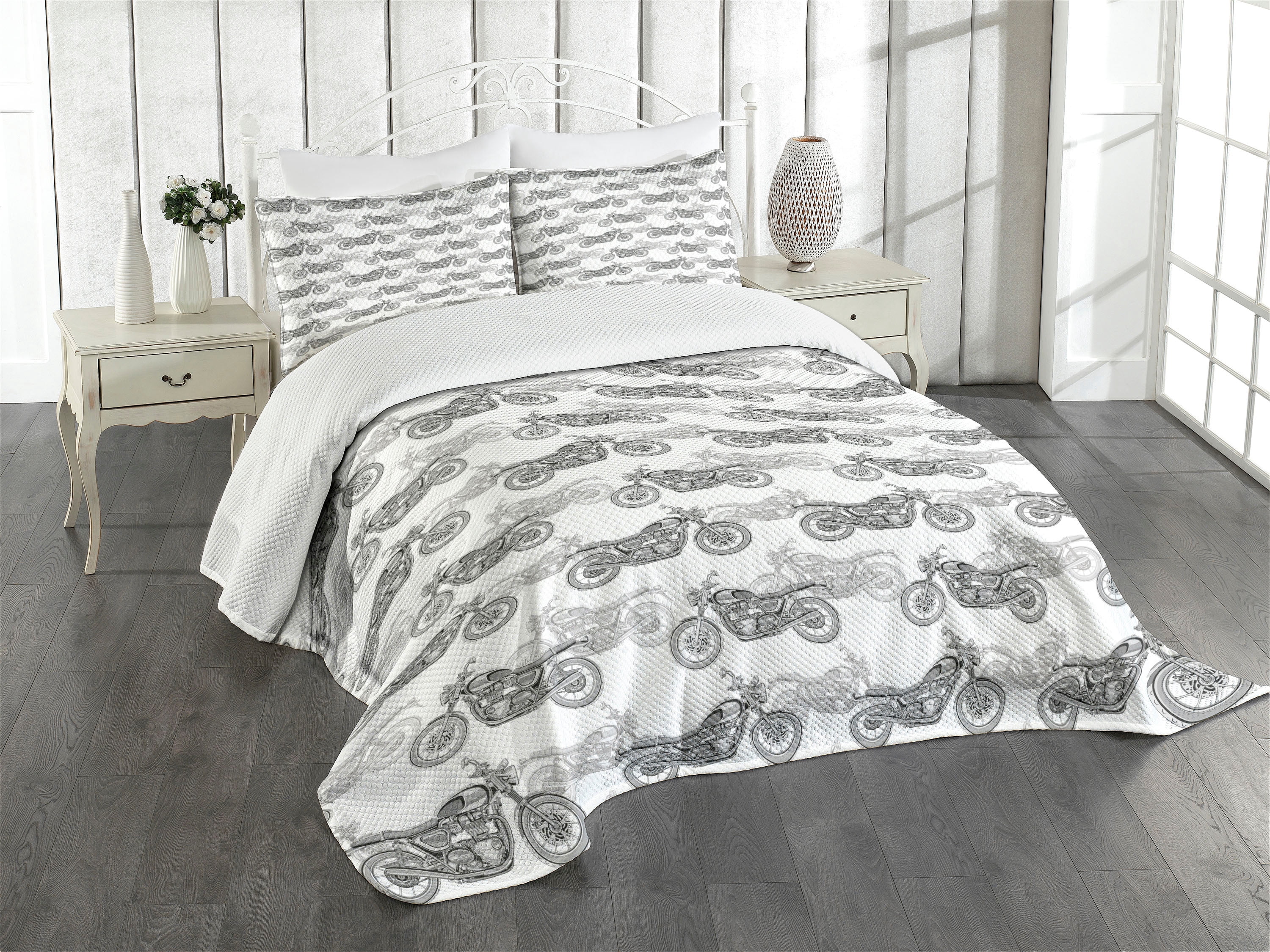Ambesonne Motorcycle Quilted Bedspread Set 3 Pcs, Details in Grayscale ...