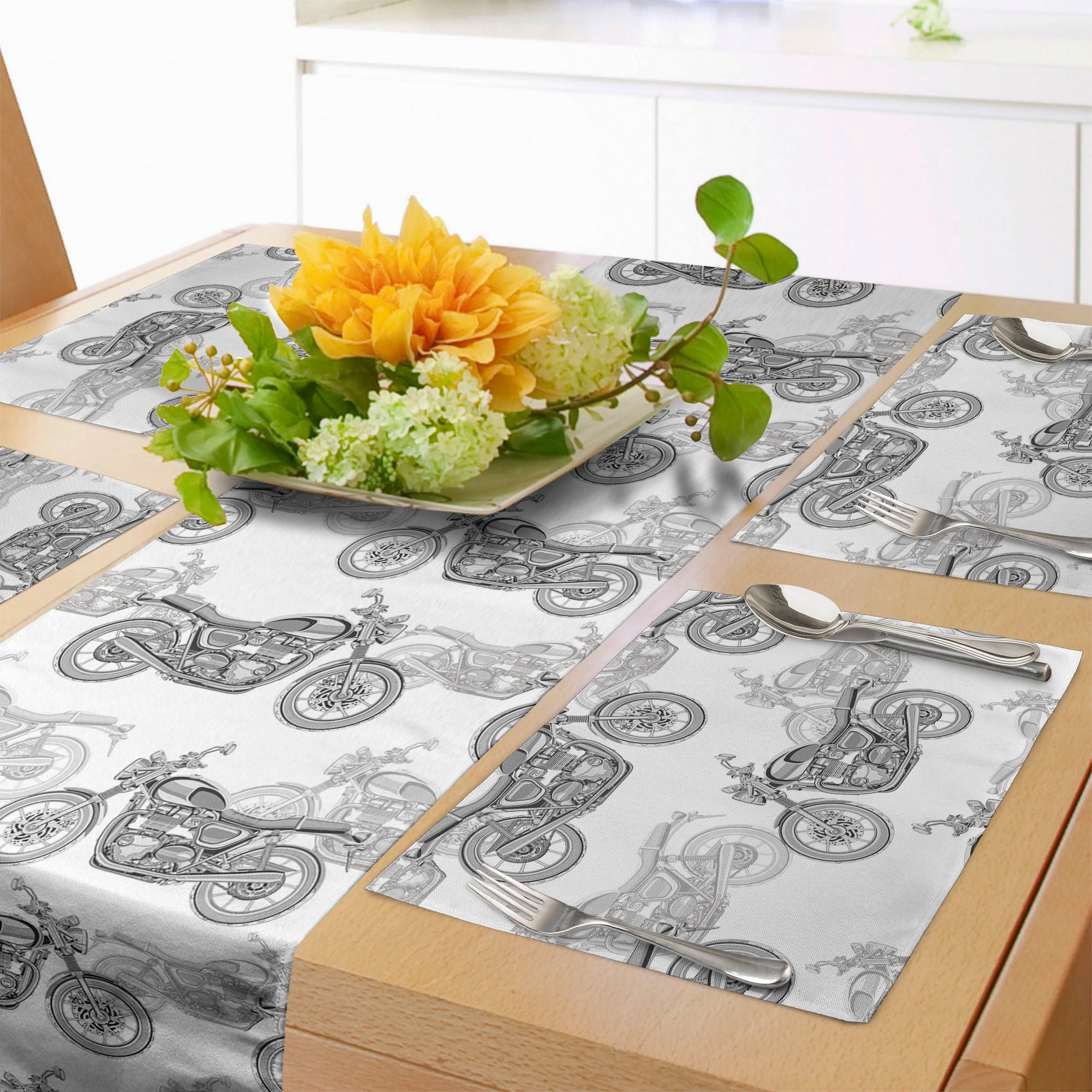 Ambesonne Motorcycle Table Runner & Placemats, Details in Grayscale ...