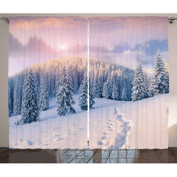 Ambesonne Mountain Curtains 2 Panel Set, Idyllic Winter Morning, 108" x ...