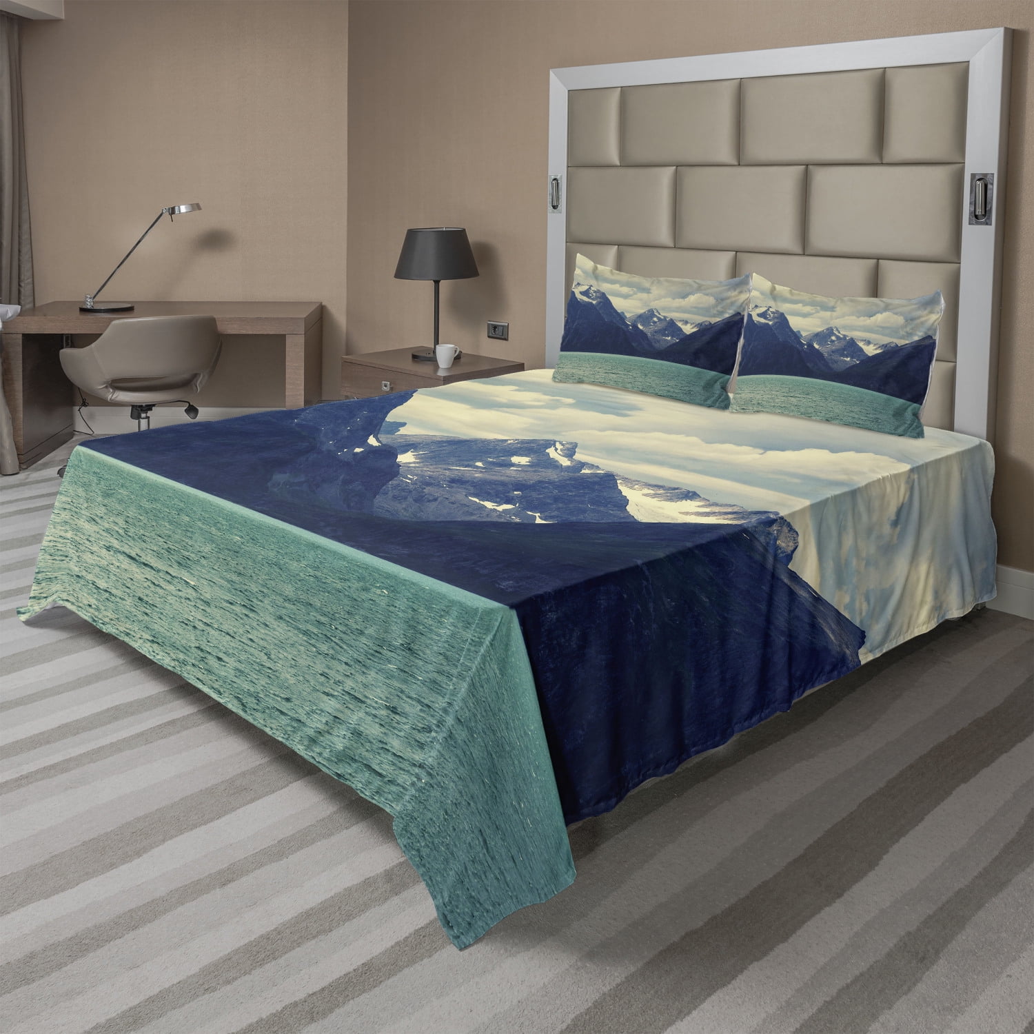 Ambesonne Mountain Fitted & Top Sheet Set with Shams, Northern Norway ...