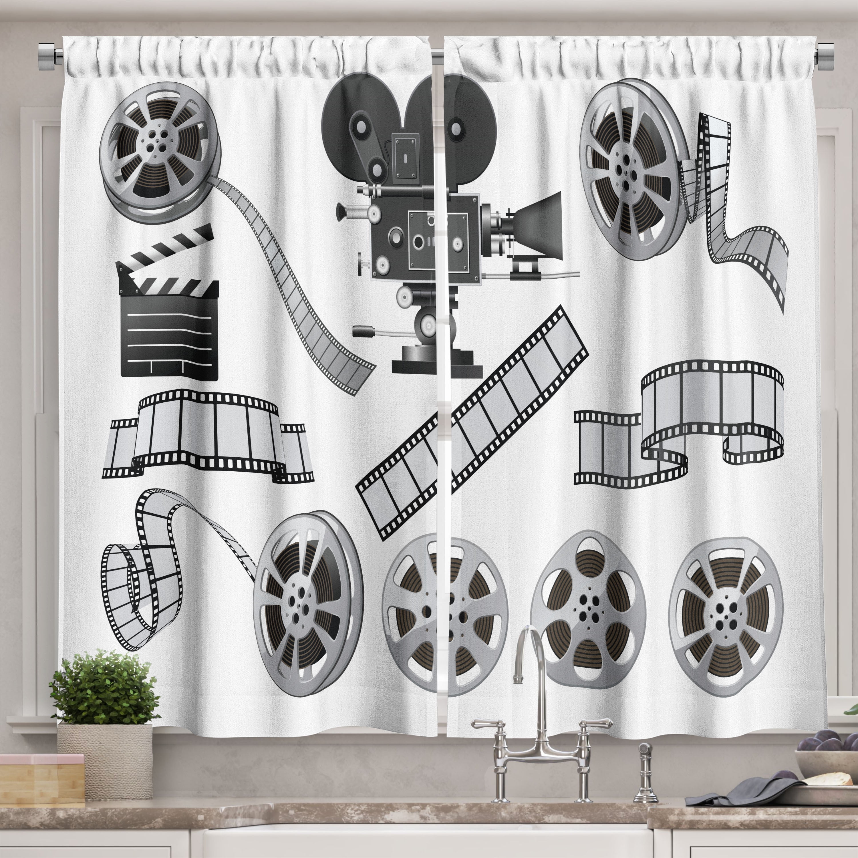 Ambesonne Movie Theater Kitchen Curtains, Greyscale Reel, 55"x39", Grey ...