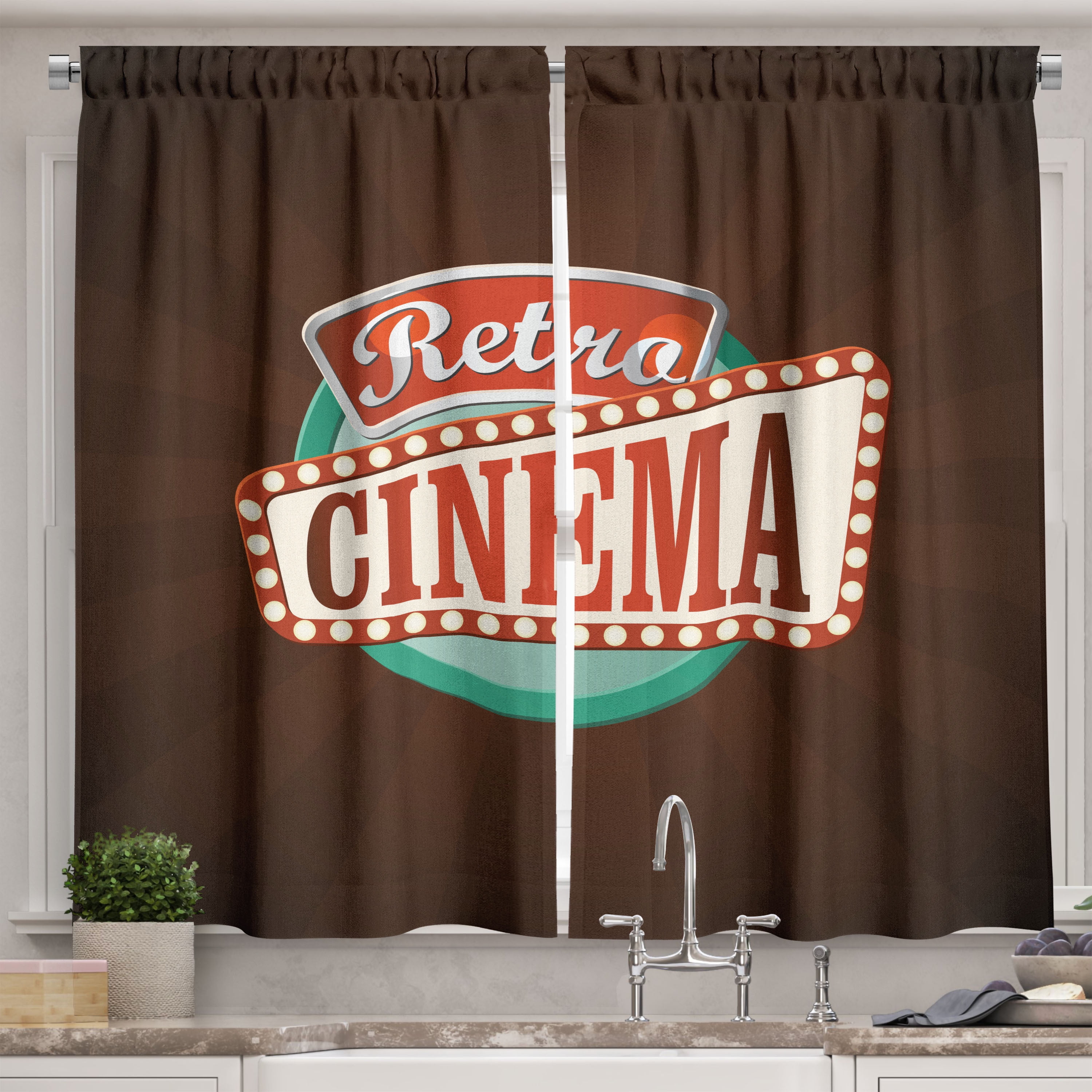 Ambesonne Movie Theater Kitchen Curtains, Retro Cinema, 55"x39 ...