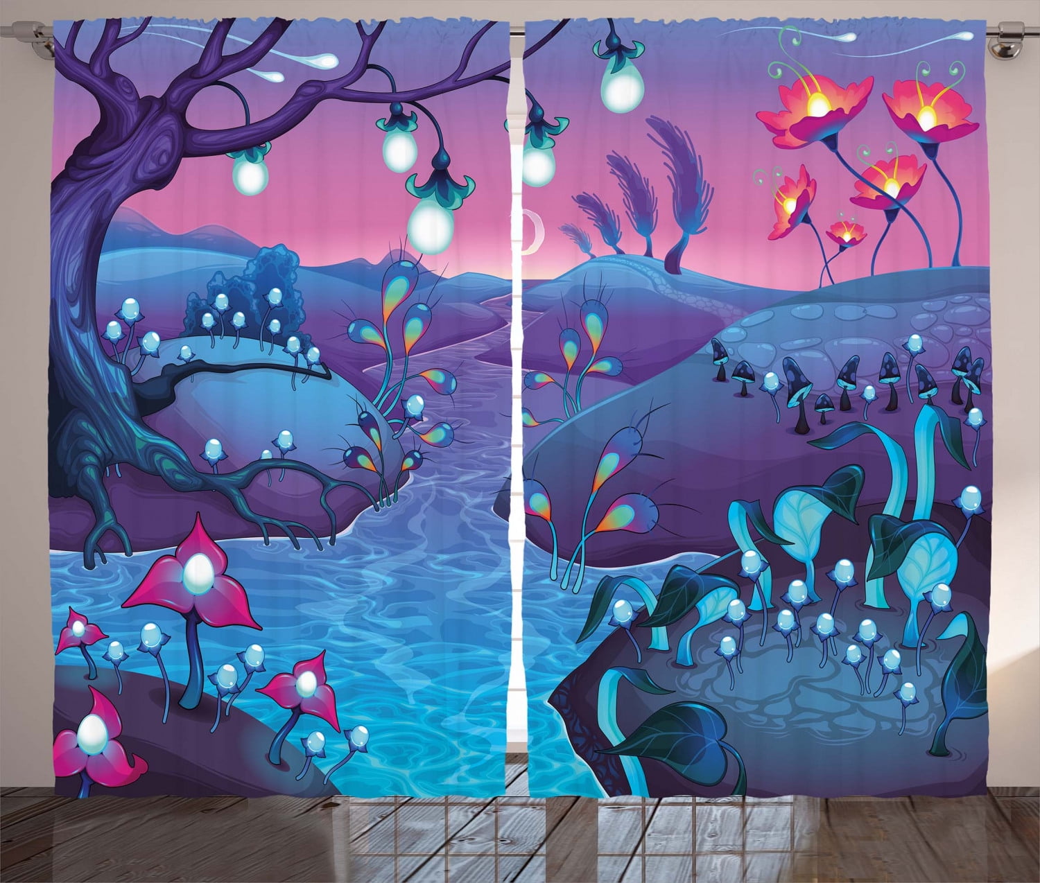 Ambesonne Mushroom Curtains 2 Panel Set, River Mushrooms Trees, 108" x ...