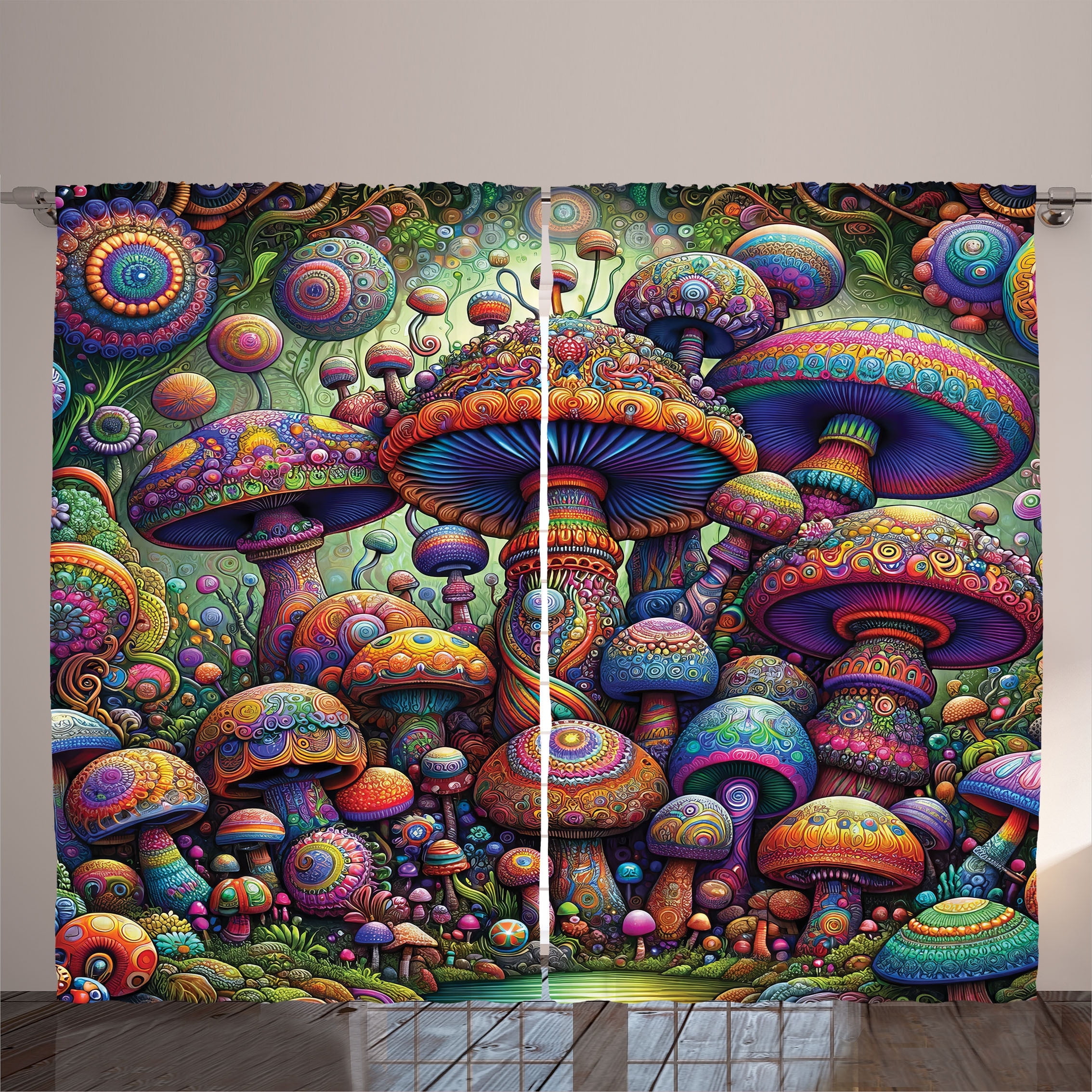 Ambesonne Mushroom Curtains 2 Panel Set, Trippy Huddles of Motifs, 108 ...