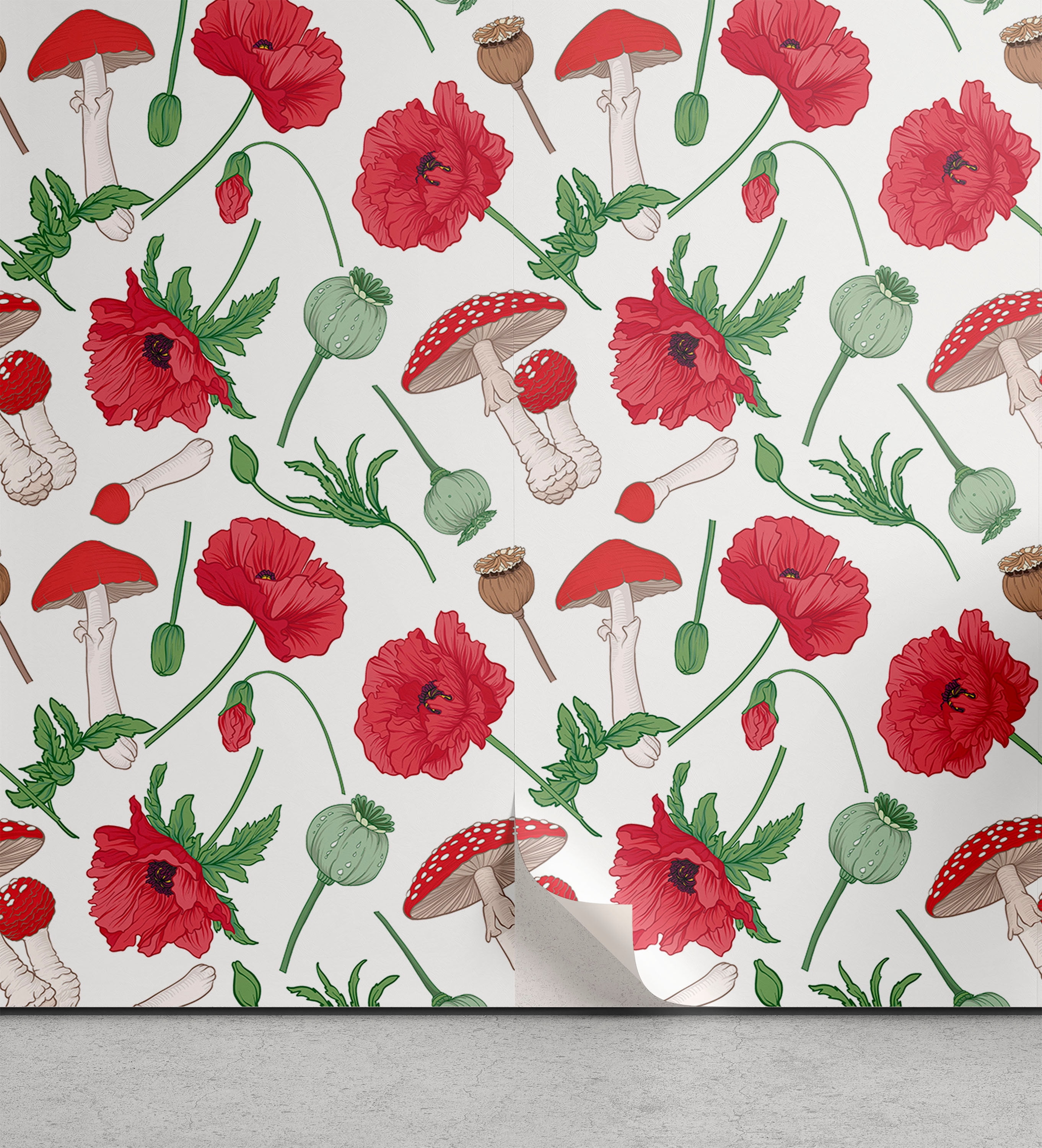 Ambesonne Mushroom Peel & Stick Wallpaper for Home, Forest Love Poppies ...