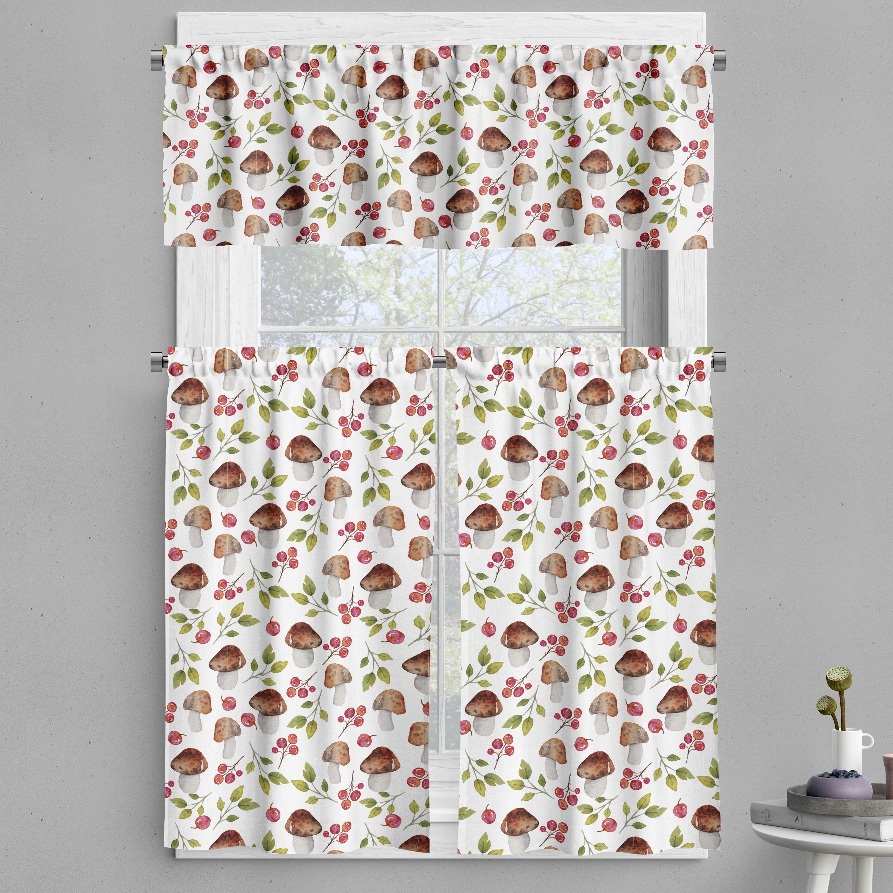Ambesonne Mushroom Valance & Curtain, Forest Elements Watercolor, 55 ...