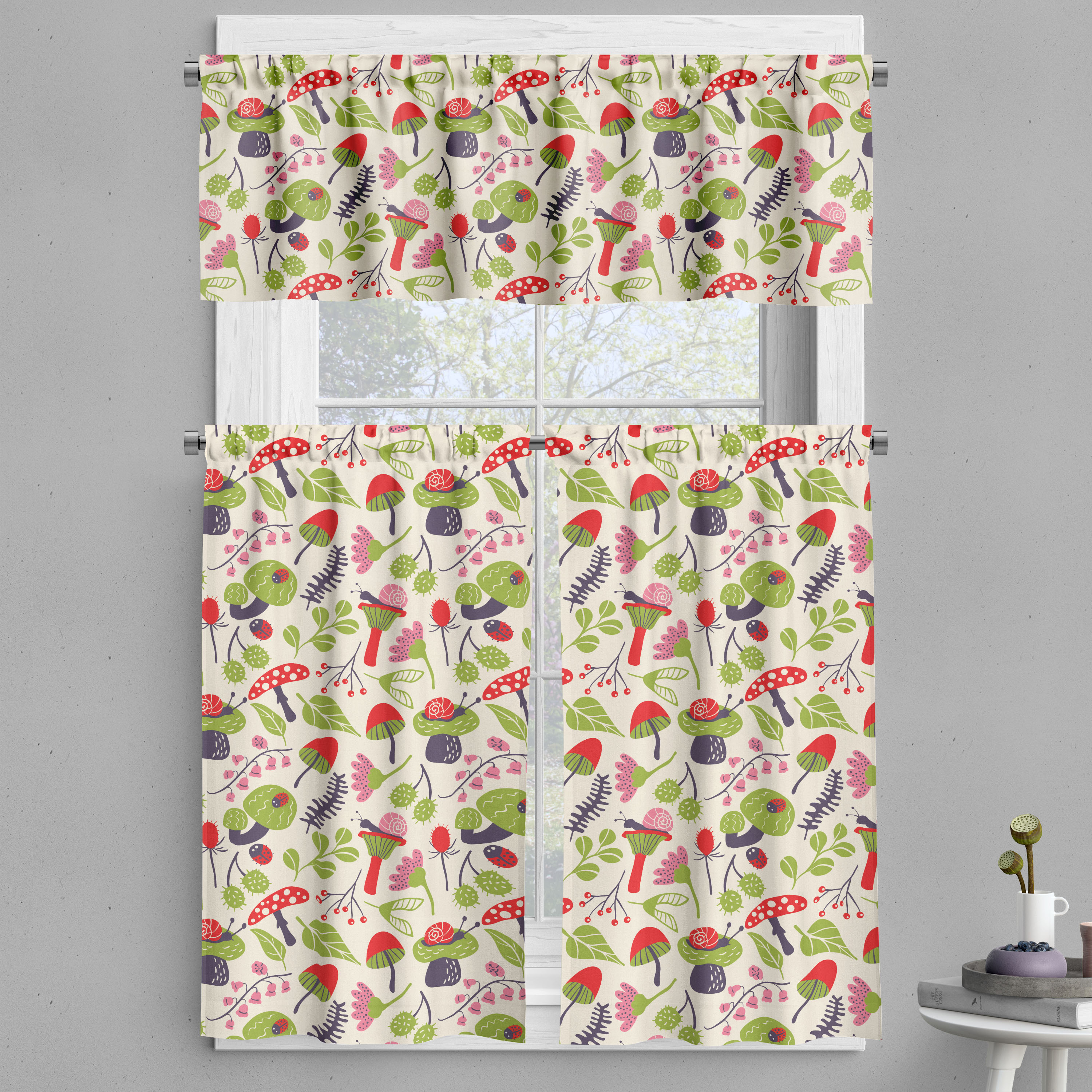 Ambesonne Mushroom Valance & Curtain, Ladybird Flower Snail, 55"x24 ...