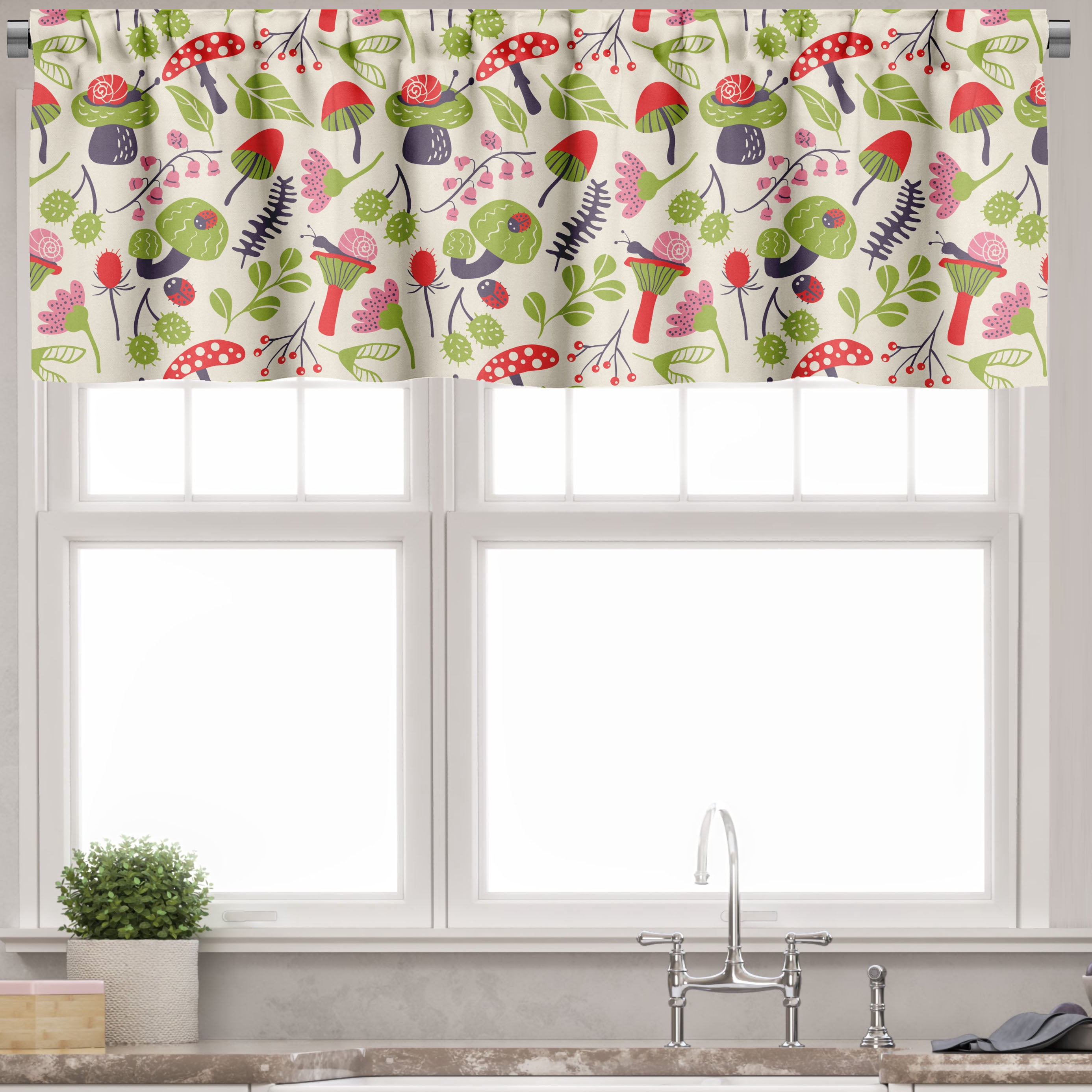 Ambesonne Mushroom Valance Pack of 2, Ladybird Flower Snail, 54"X18 ...