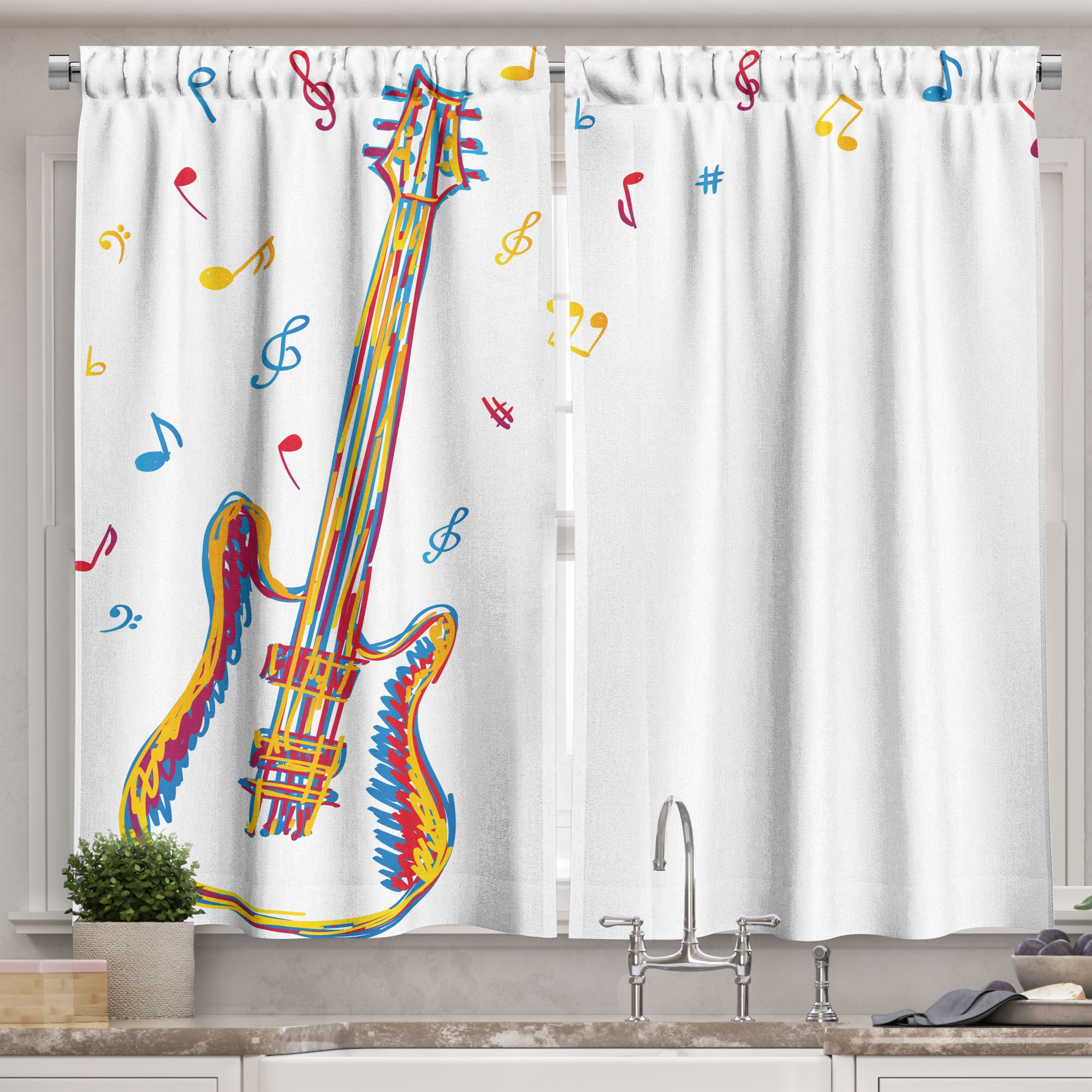 Ambesonne Music Kitchen Curtains, Doodle Style Guitar Art, 55"x45 ...