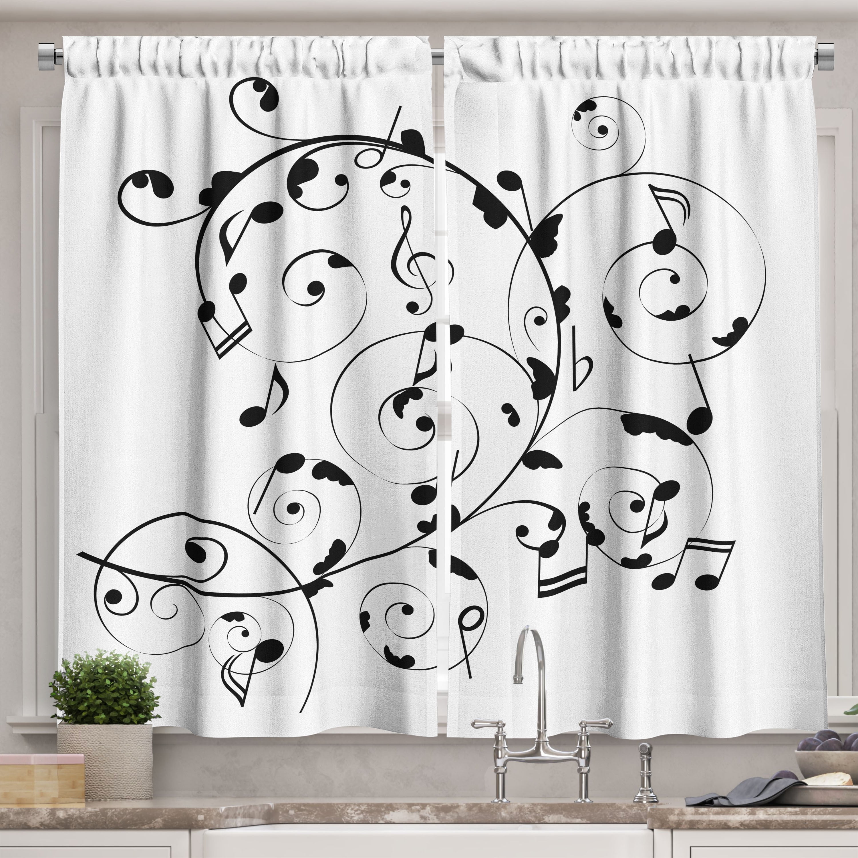 Ambesonne Music Kitchen Curtains, Treble Chef Curlicue Motif, 55"x36 ...