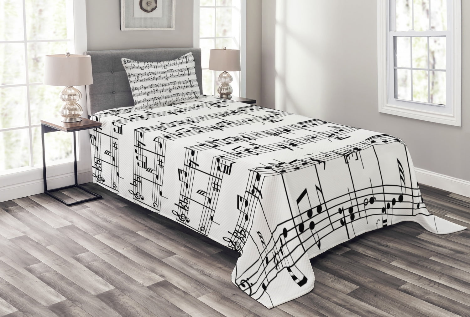 Ambesonne Music Quilted Bedspread Set 2 Pcs, Notes on the Clef, Twin ...