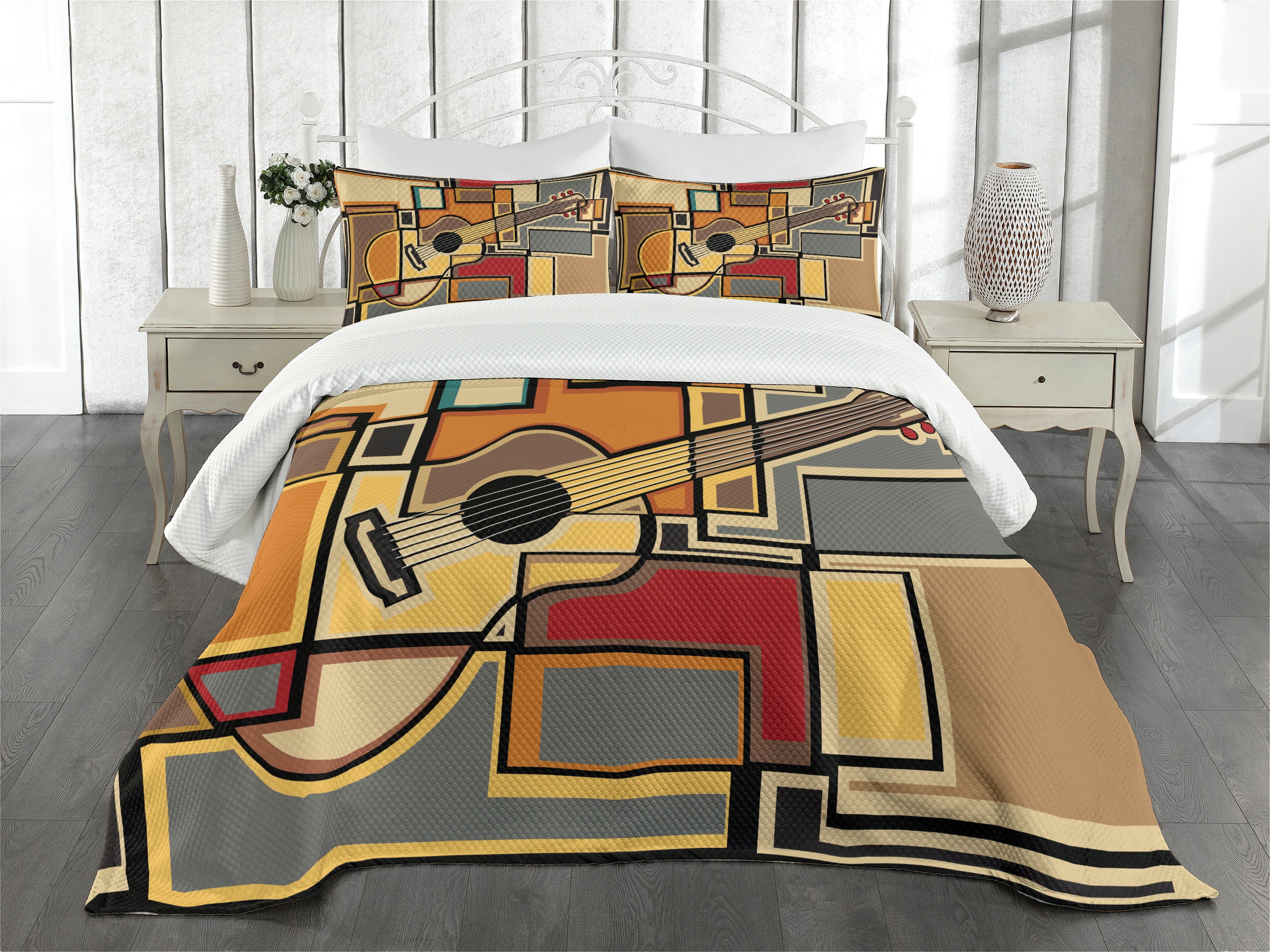Ambesonne Music Quilted Bedspread Set 3 Pcs, Geometric Guitar Funky ...