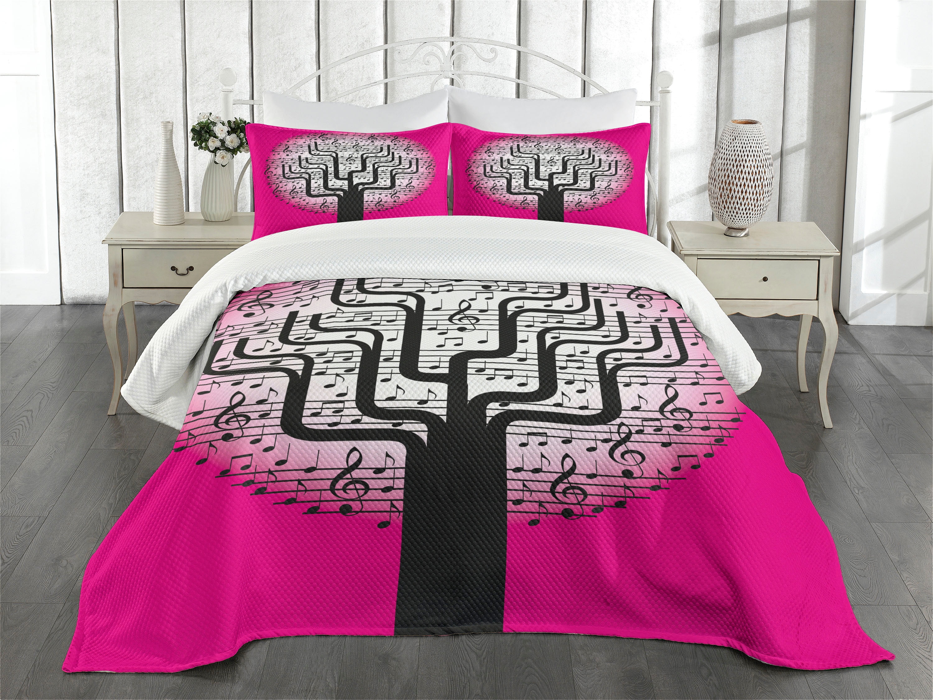 Ambesonne Music Quilted Bedspread Set 3 Pcs, Tree, Queen Size, Hot Pink ...