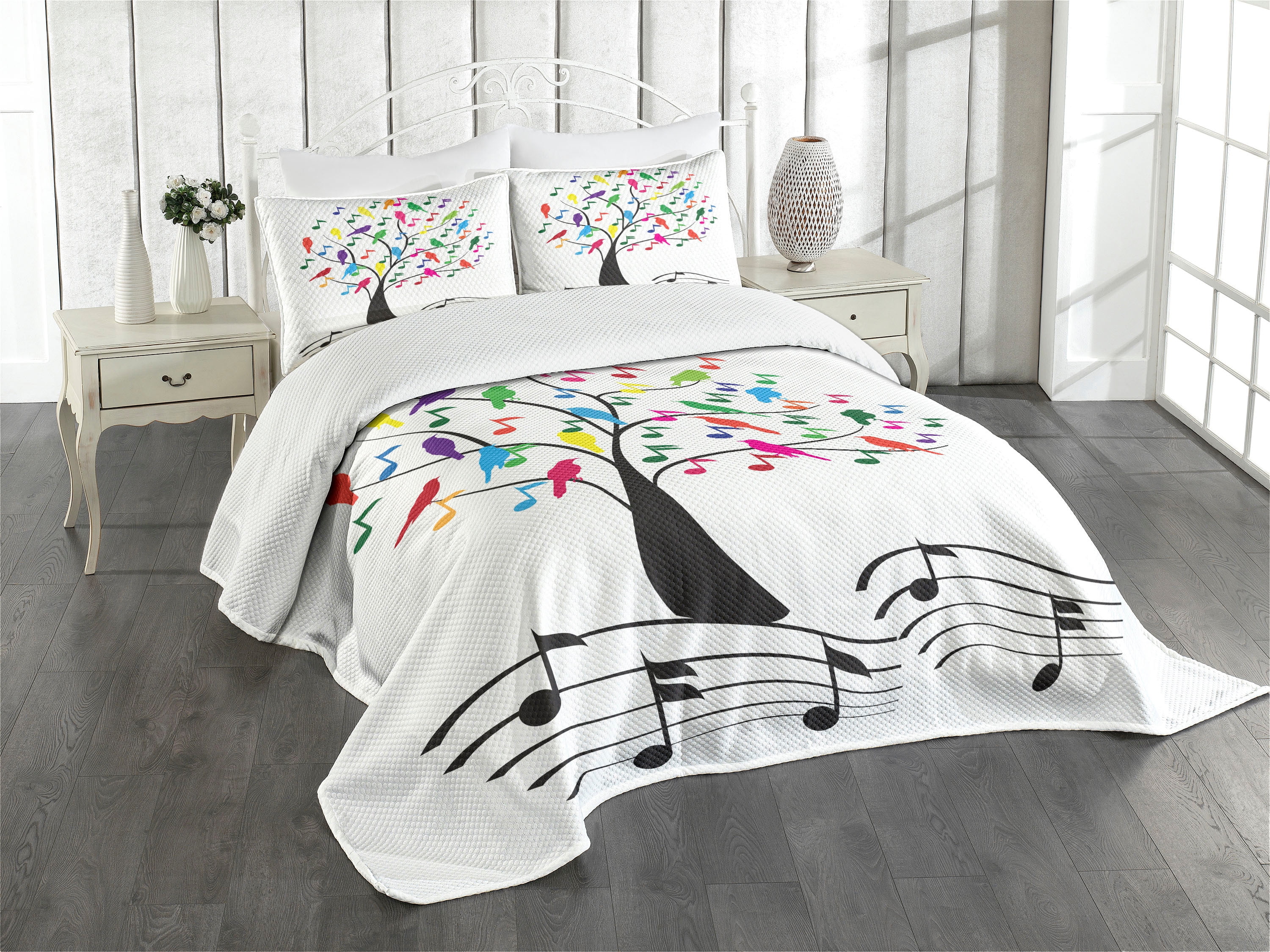 Ambesonne Music Quilted Bedspread Set 3 Pcs, Tree with Notes Happiness ...