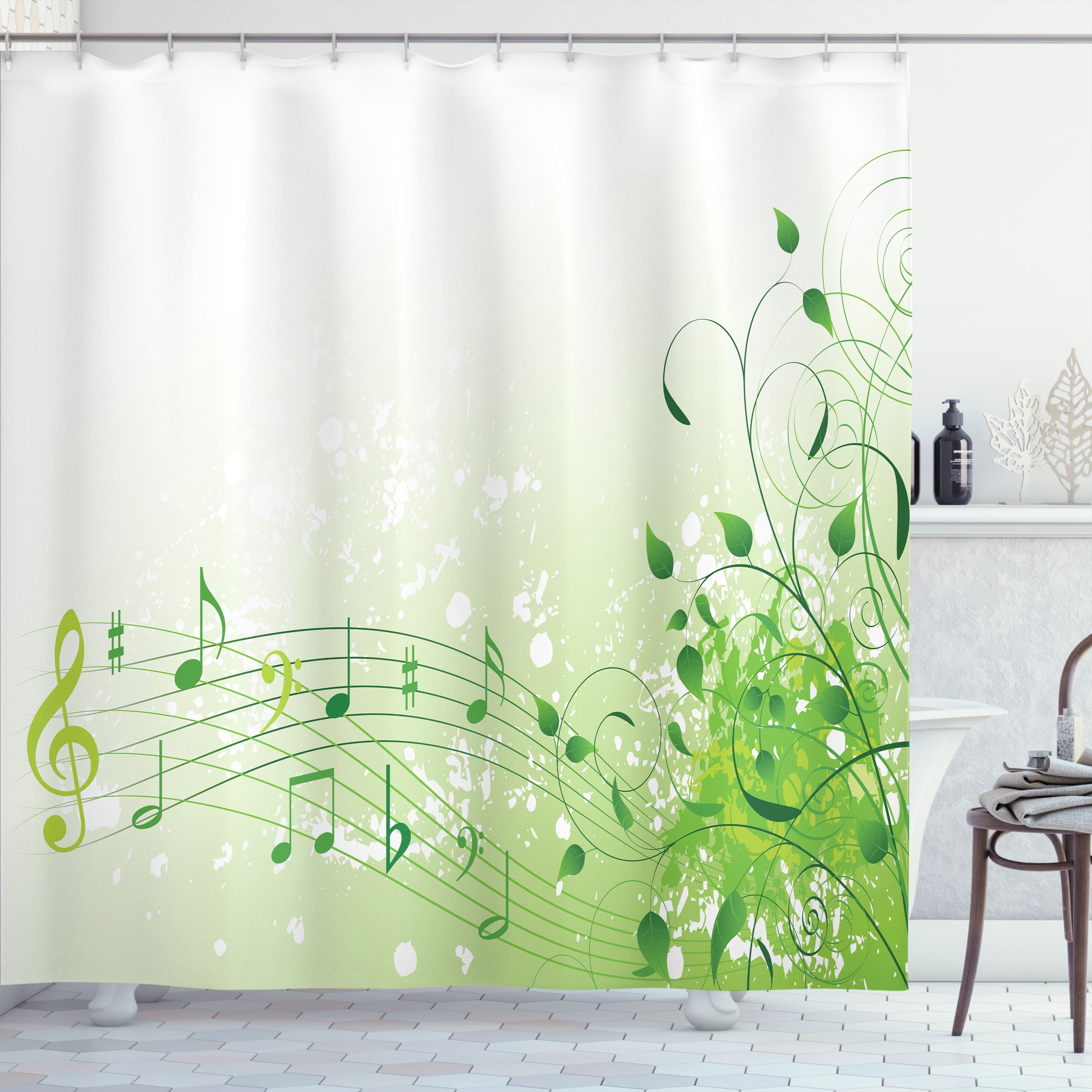 Ambesonne Music Shower Curtain, Curlicue Leaves Treble Chef, 69"Wx84"L ...