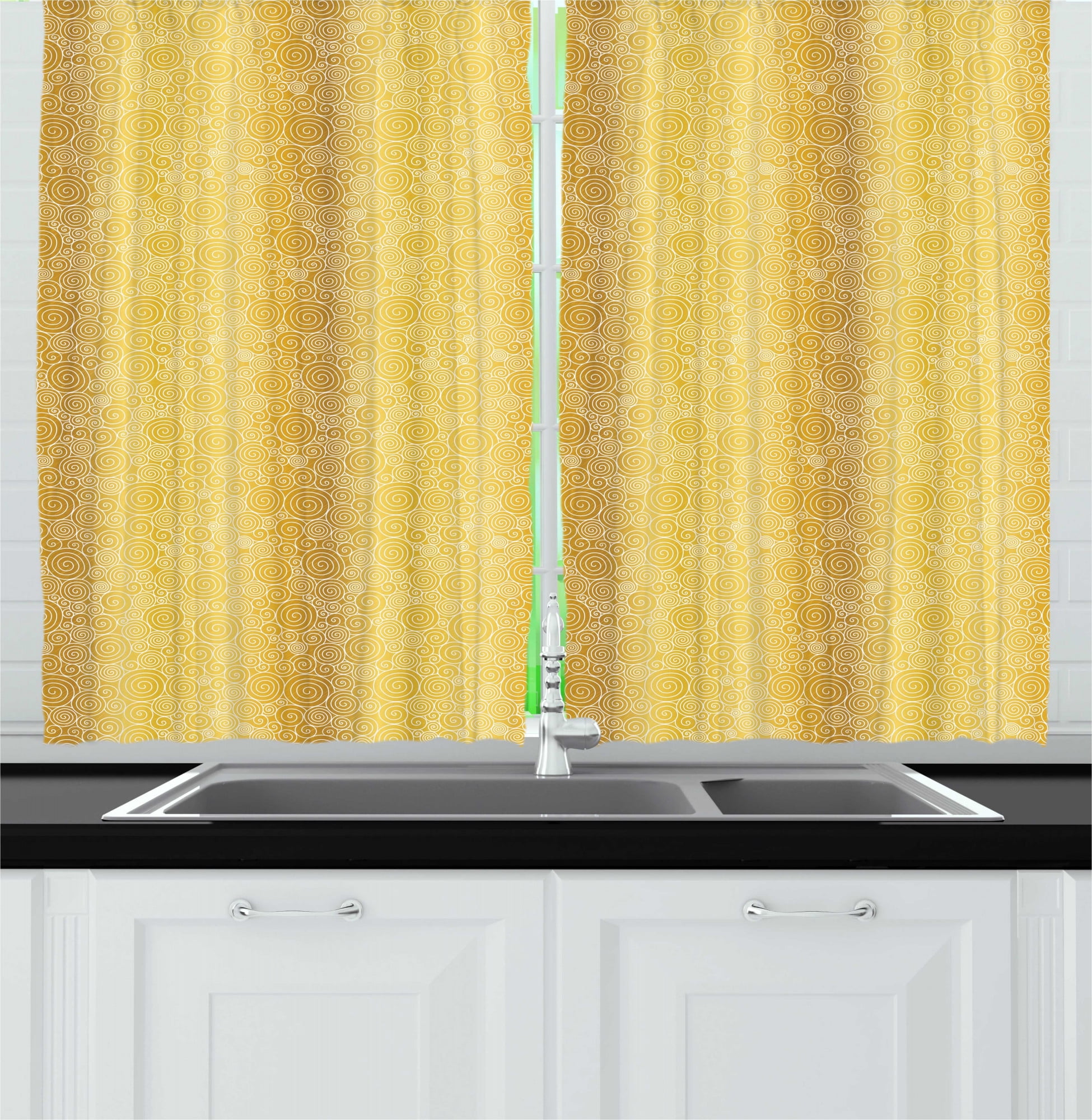 Ambesonne Mustard Kitchen Curtains, Golden Yellow Tone Swirls, 55"x45 ...