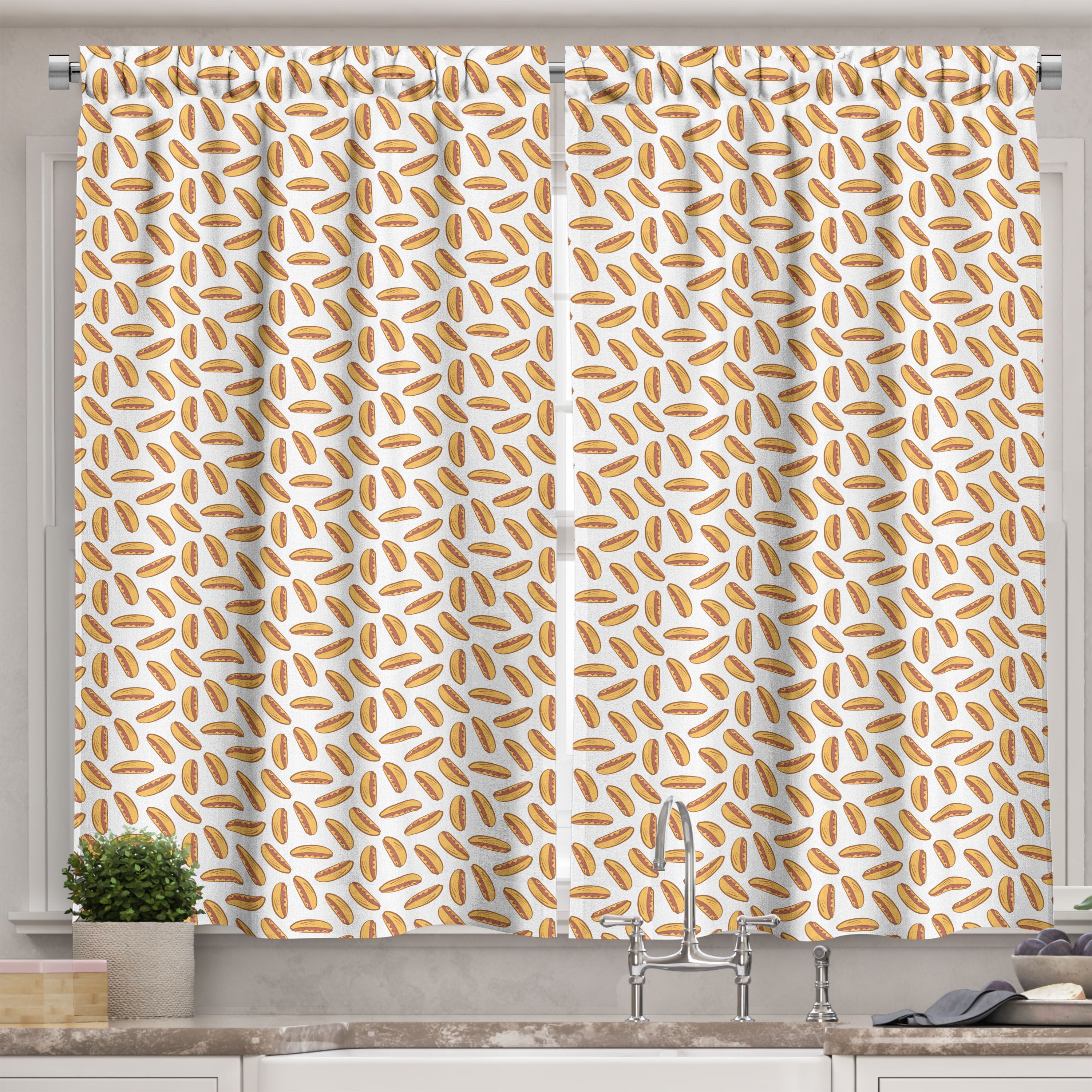 Ambesonne Mustard Kitchen Curtains, Hot Dogs on Plain Backdrop, 55"x45 ...