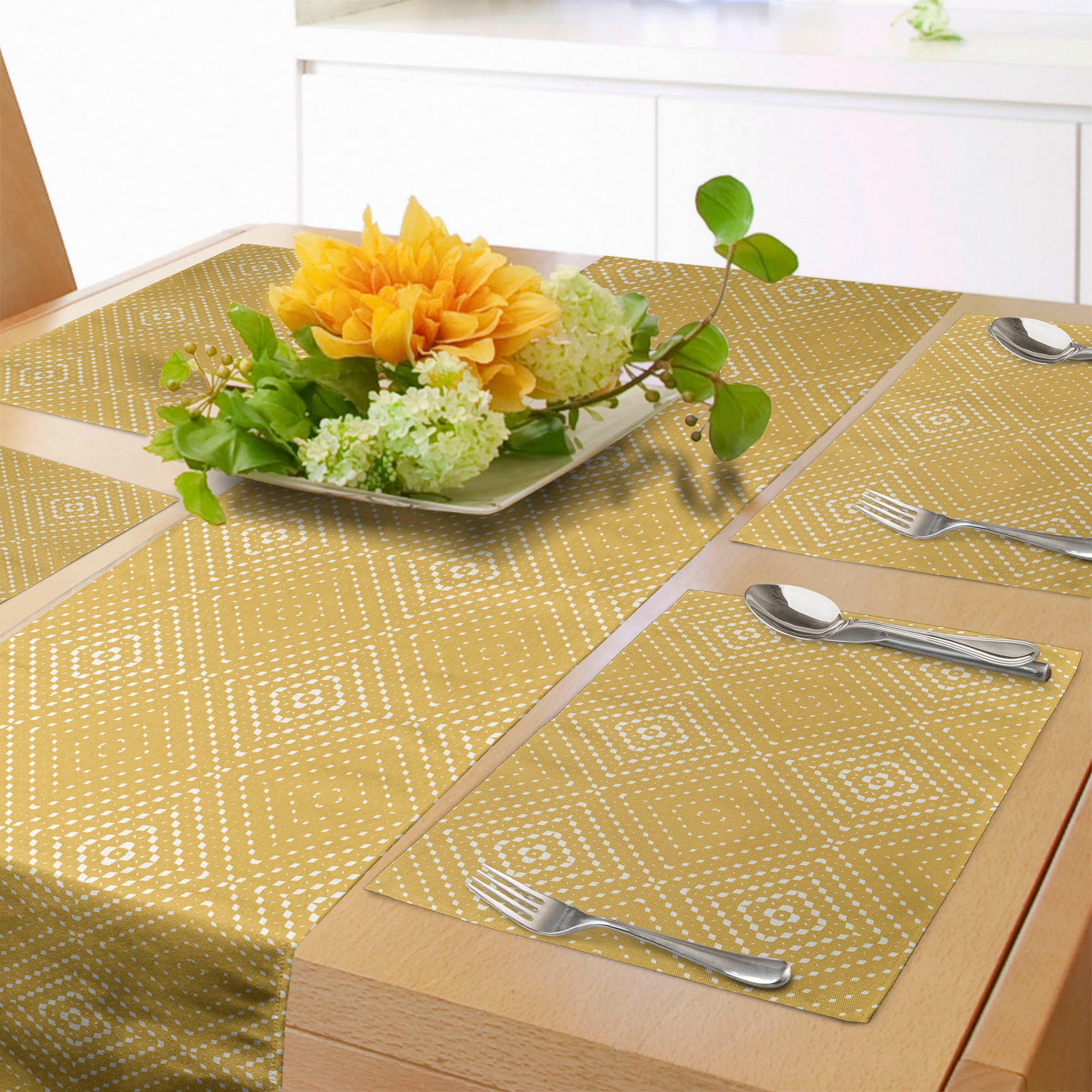 Ambesonne Mustard Table Runner & Placemats, Dotted Nested Square Forms ...