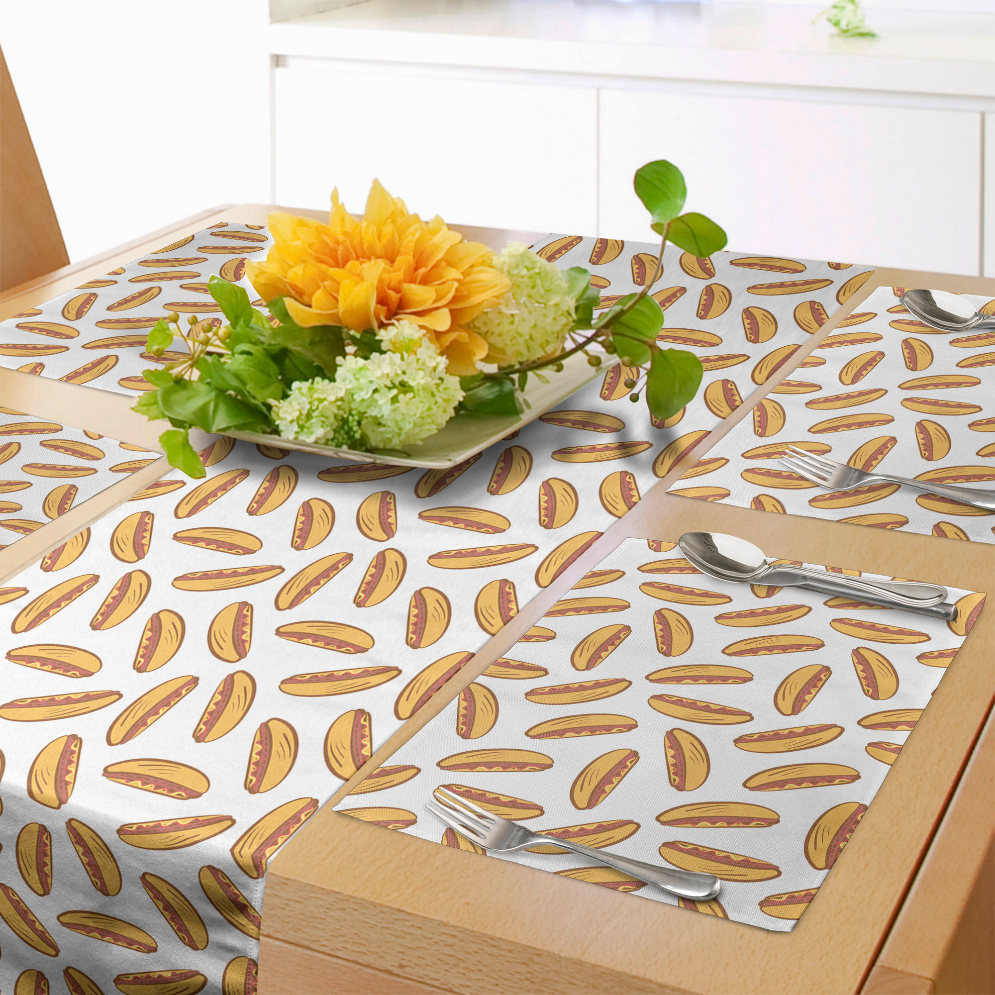Ambesonne Mustard Table Runner & Placemats, Hot Dogs on Plain Backdrop ...