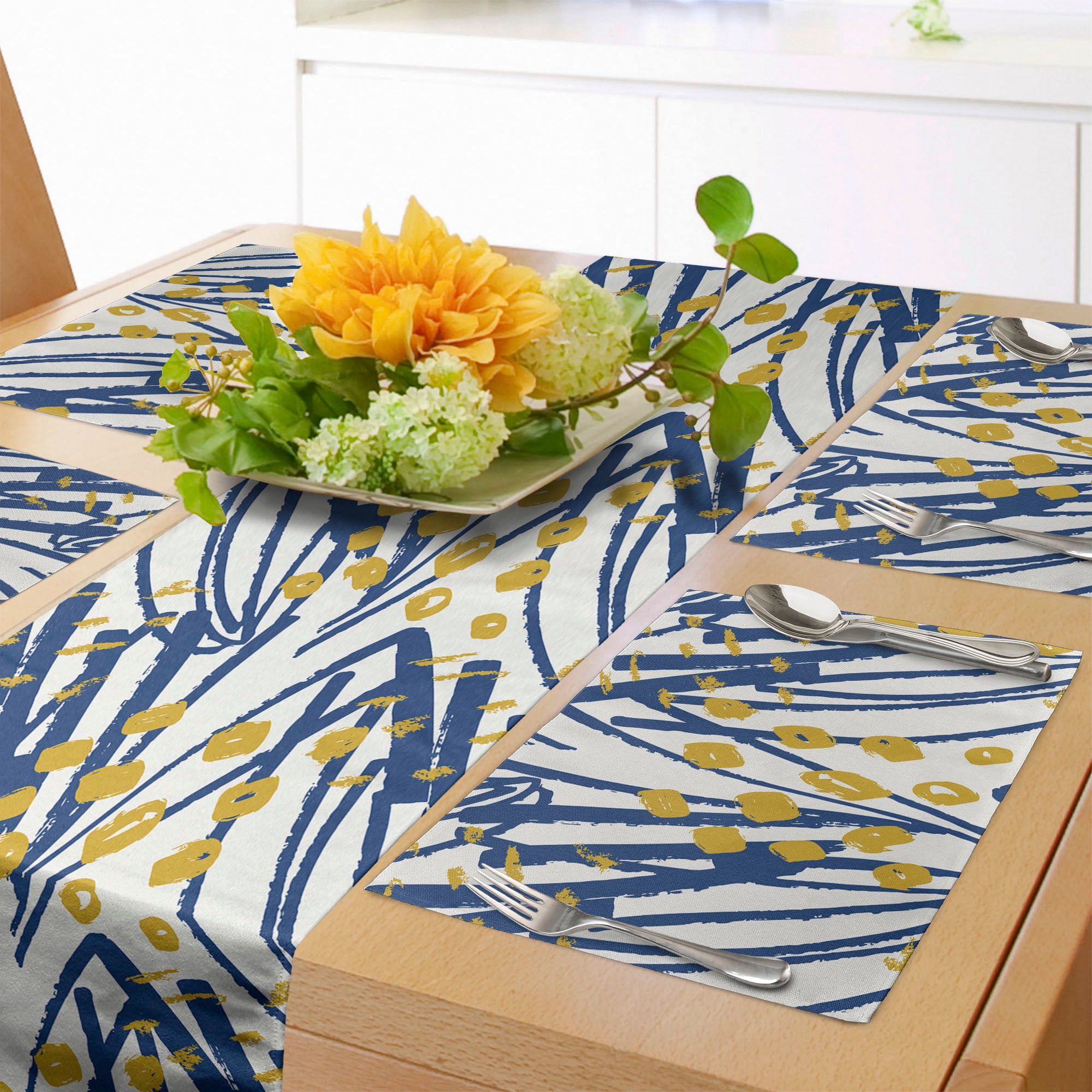 Ambesonne Mustard Table Runner & Placemats, Modern Doodles Spots Layout ...
